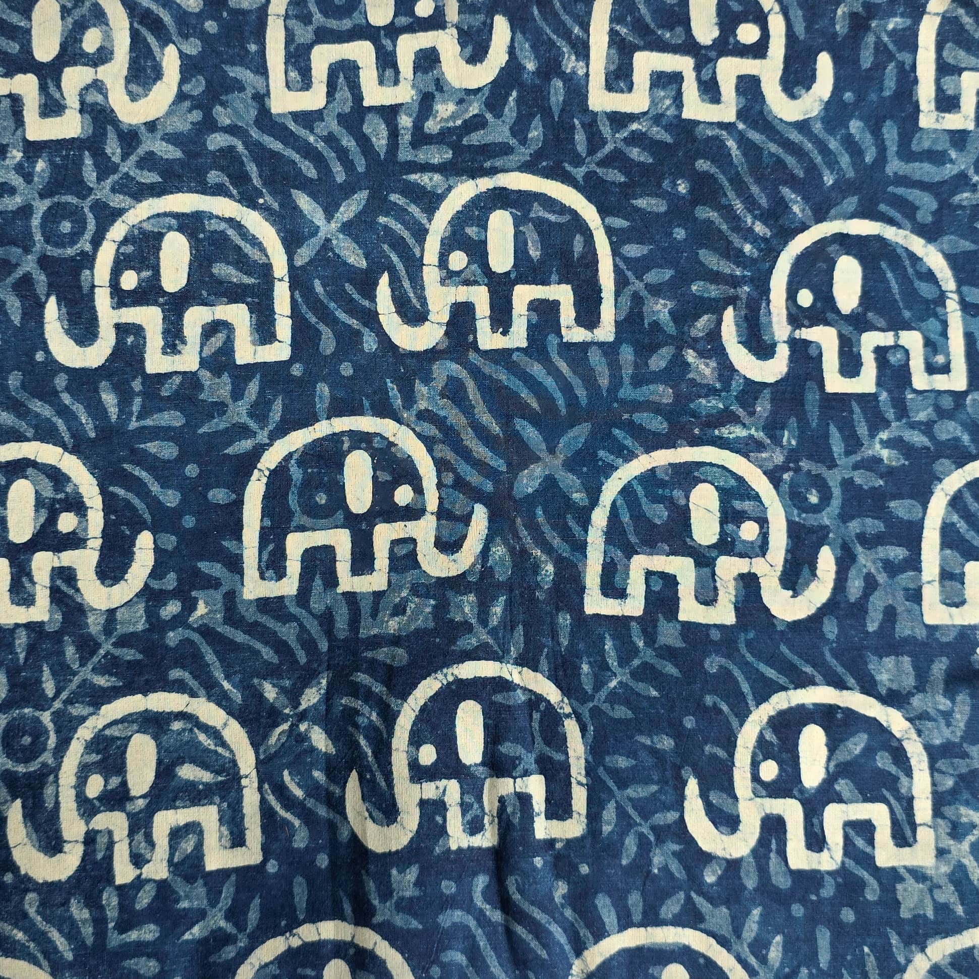 Pure Cotton Indigo White With Blue Elephants Motif Hand Block Print Fa ...