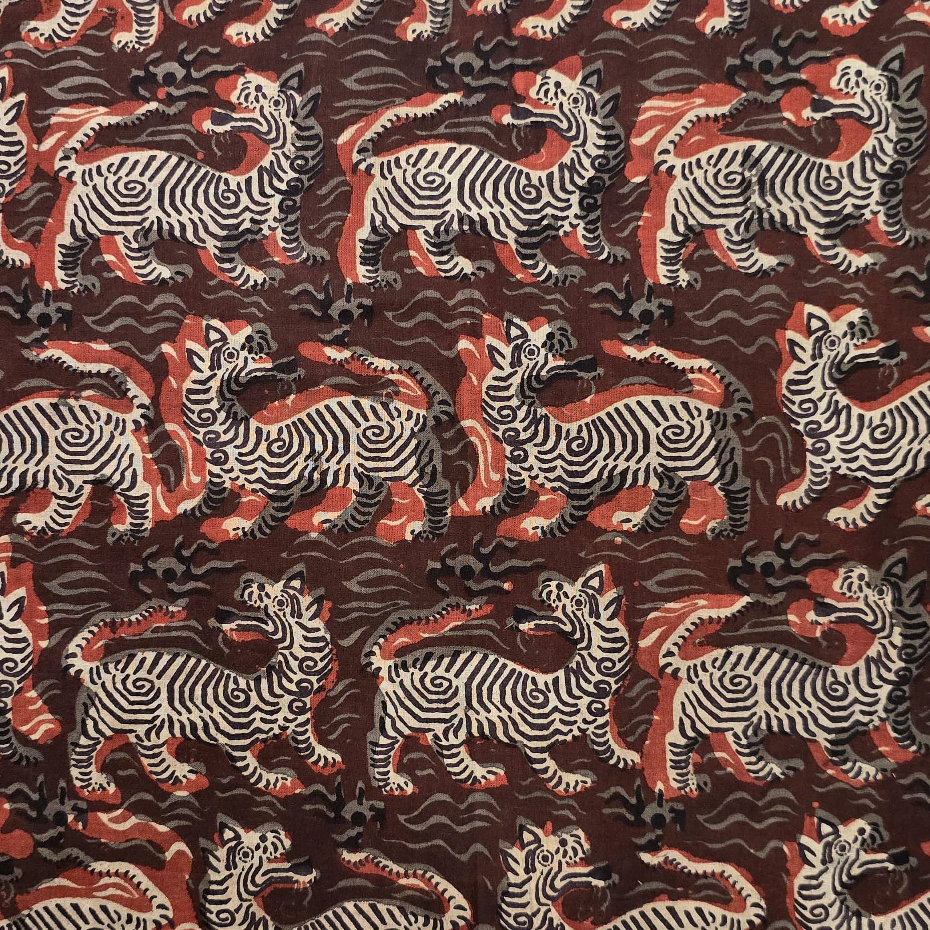 Pure Cotton Jahota Dark Black And Rust Red Tiger Hand Block Print Fabr ...