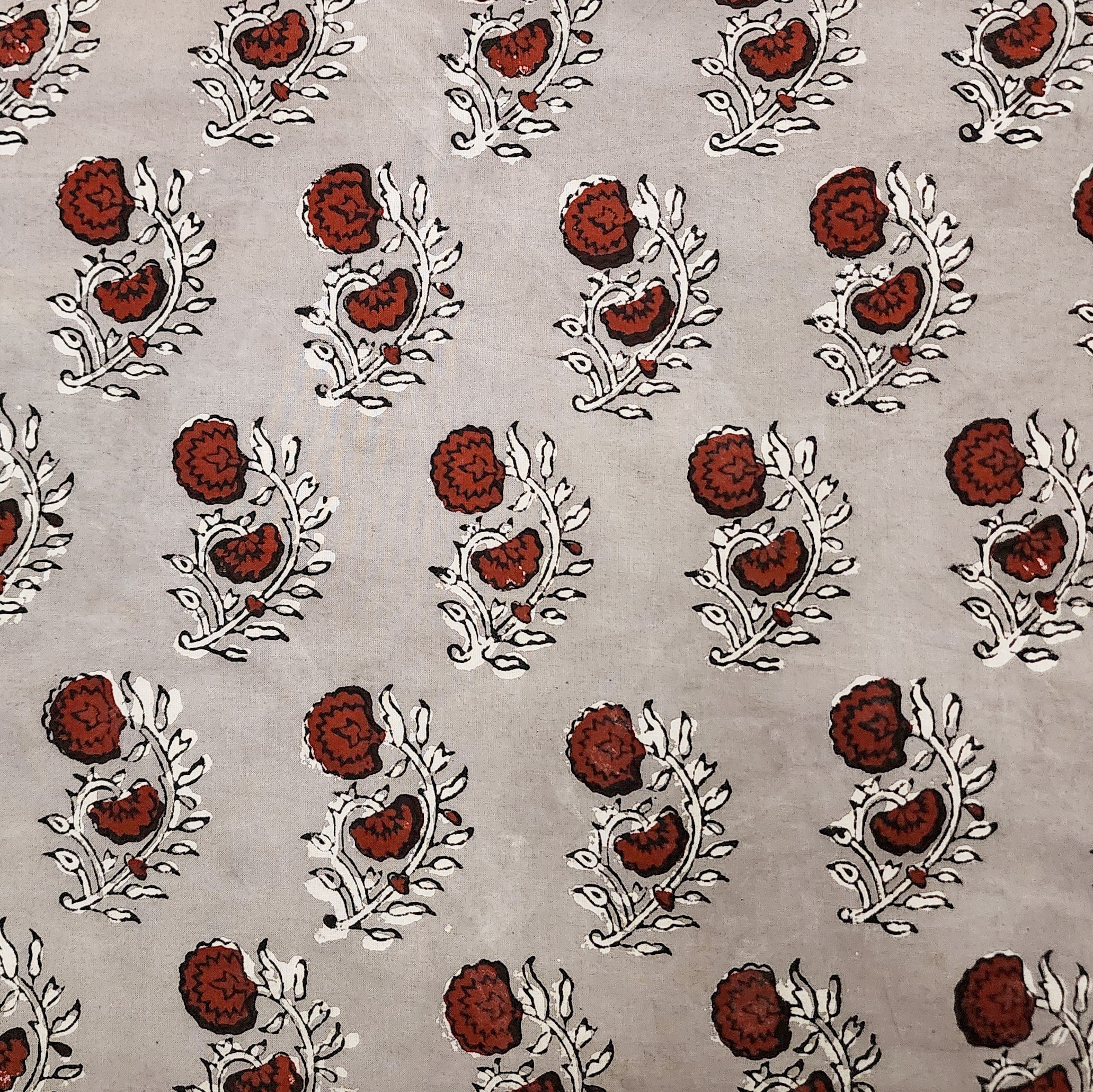 Pure Cotton Jahota Grey With Rust Flowers Motif Hand Block Print Fabri ...