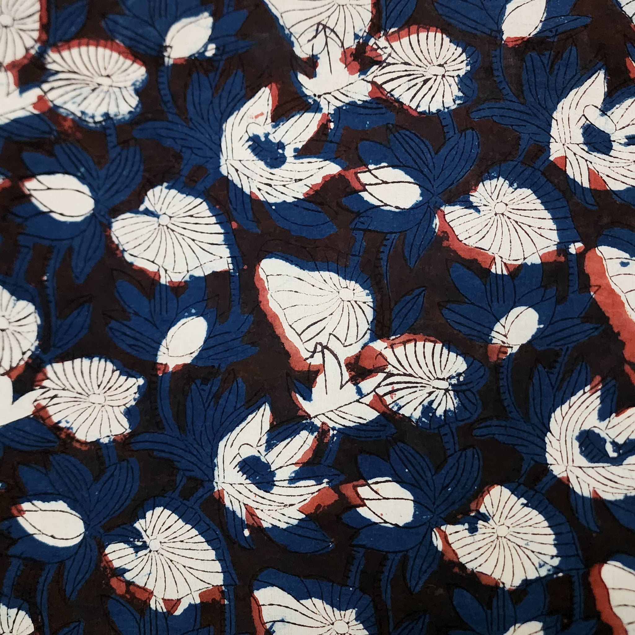 Pure Cotton Jahota Rust With Blue And Cream Wild Jungle Flower Hand Bl ...