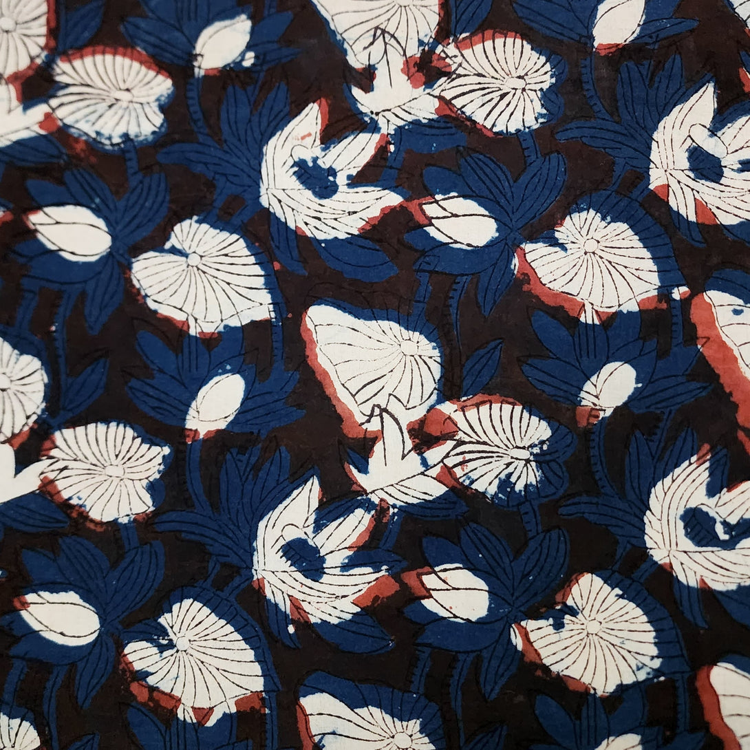 Pure Cotton Jahota Rust With Blue And Cream Wild Jungle Flower Hand Bl ...