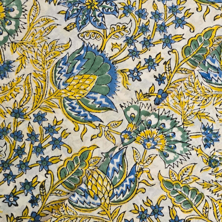 Pure Cotton Jaipure White With Blue And Yellow Flower Jaal Hand Block ...