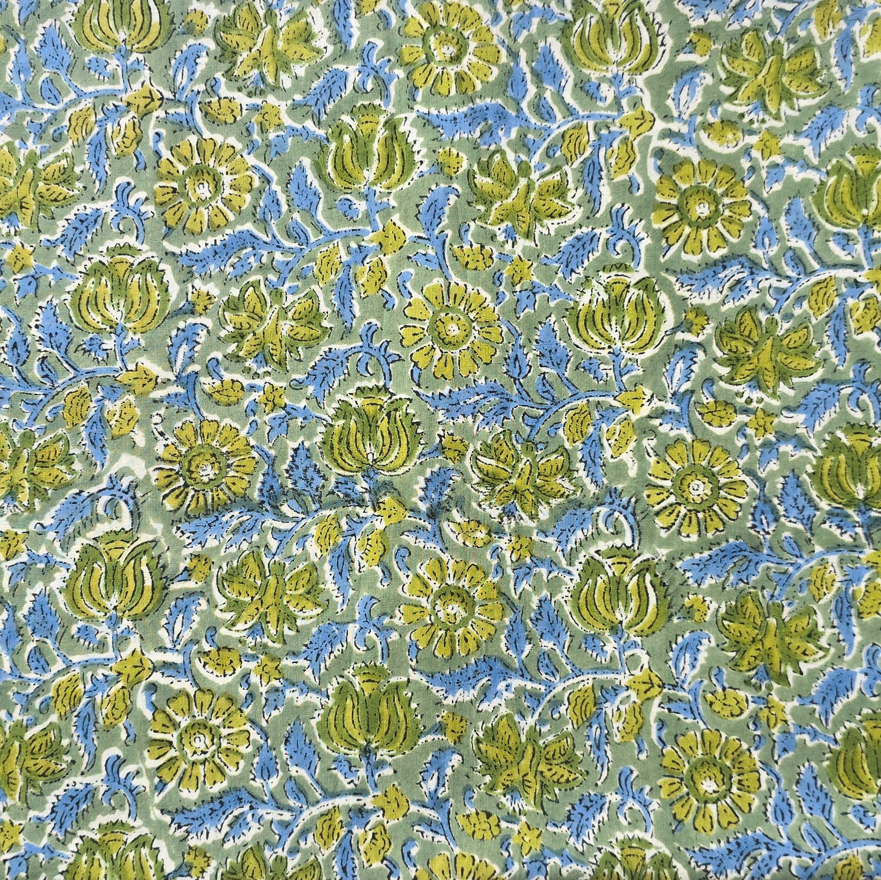 Pure Cotton Jaipuri Blue And Green Jungle Flower Jaal Hand Block Print ...