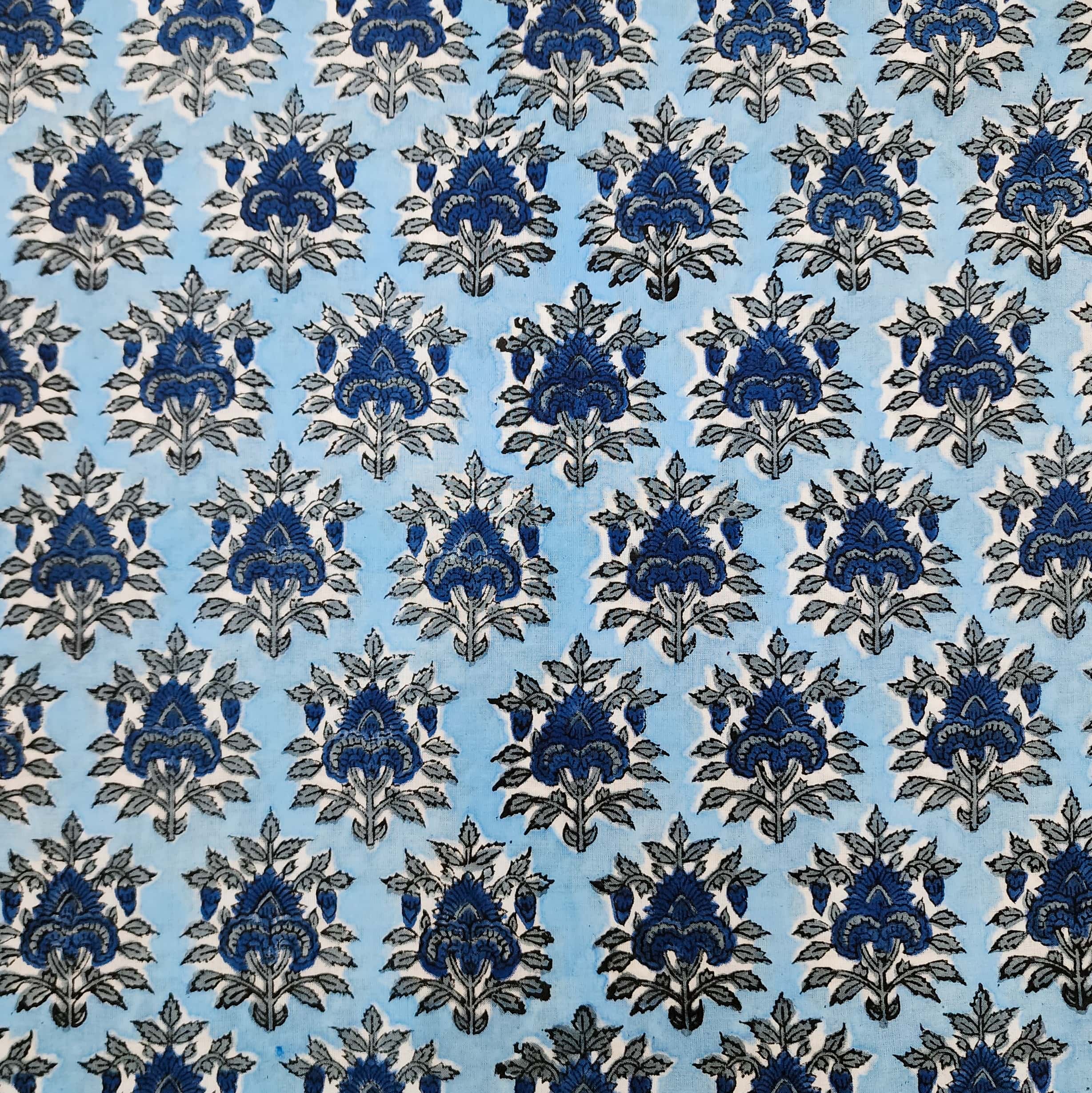 Pure Cotton Jaipuri Blue With Dark Blue With Grey Flower Bud Hand Bloc ...
