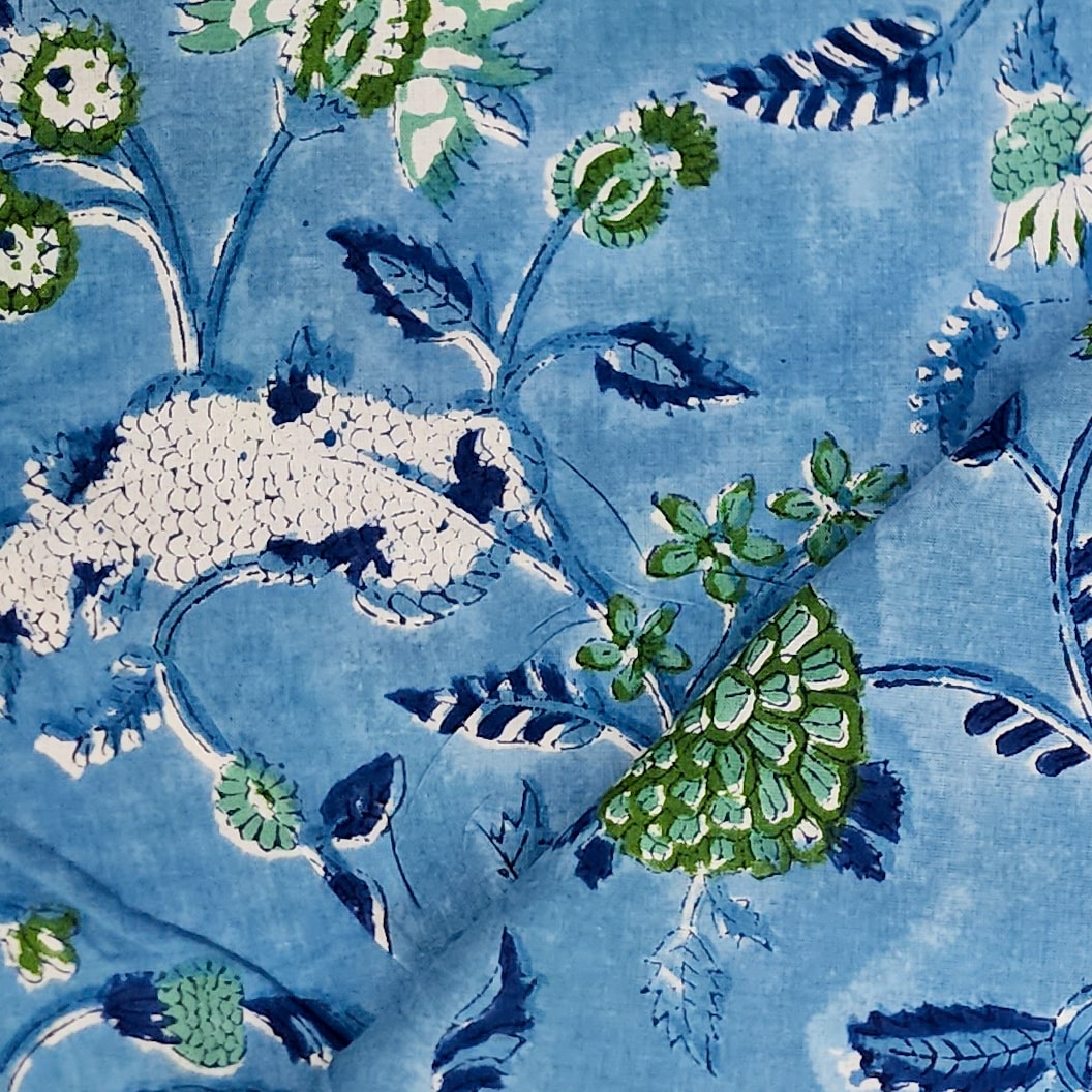 Pure Cotton Jaipuri Blue With Dark Green Flower Jaal Hand Block Print ...