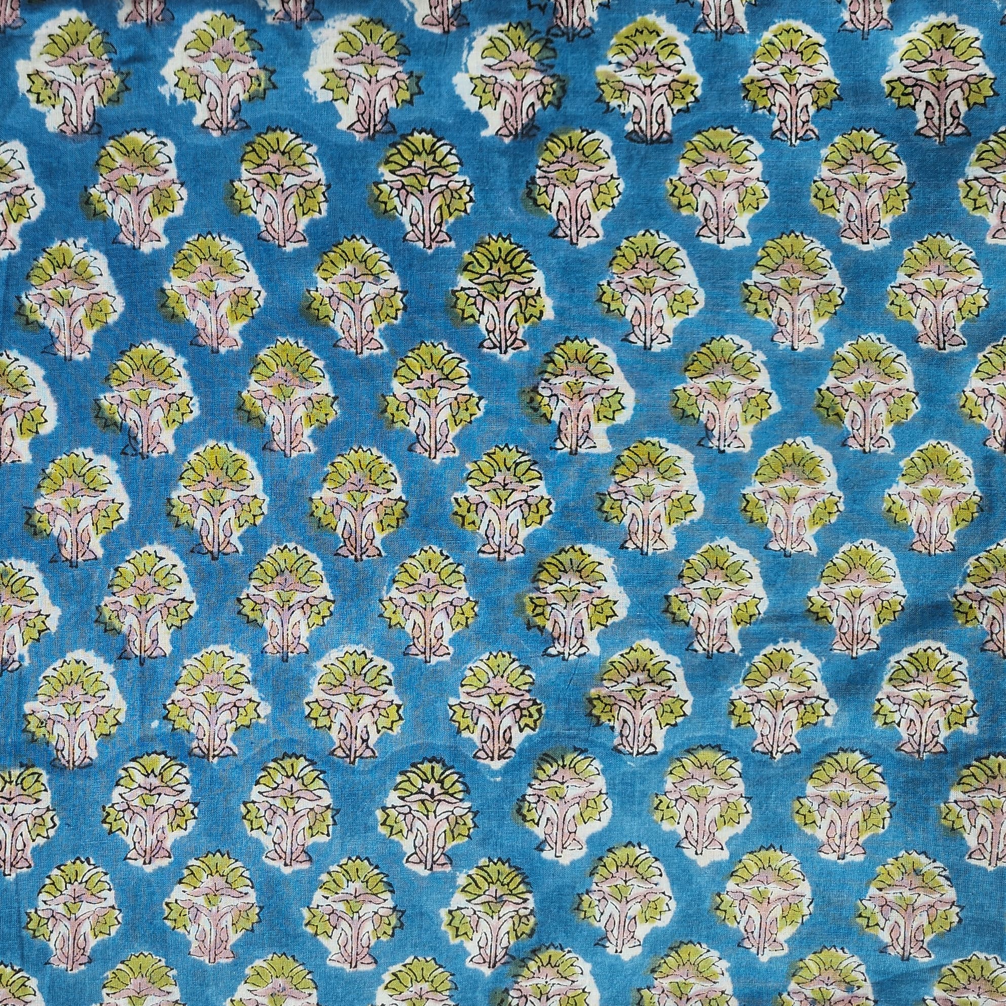 Pure Cotton Jaipuri Blue With Green Flower Buds Motif Hand Block Print ...