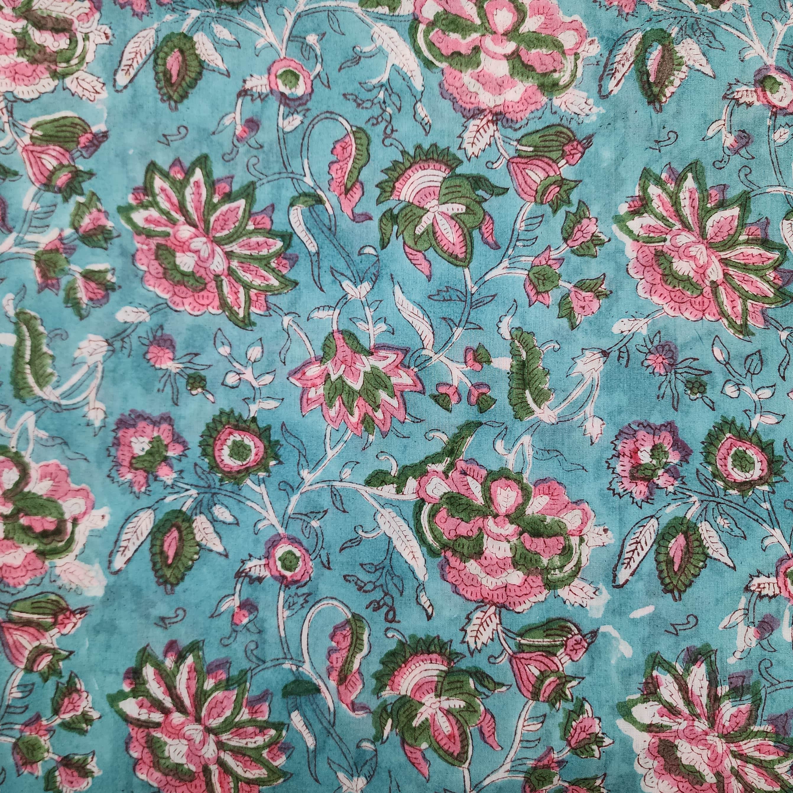 ( Pre-Cut 2 Meter ) Pure Cotton Jaipuri Blue With Light Pink And Green ...