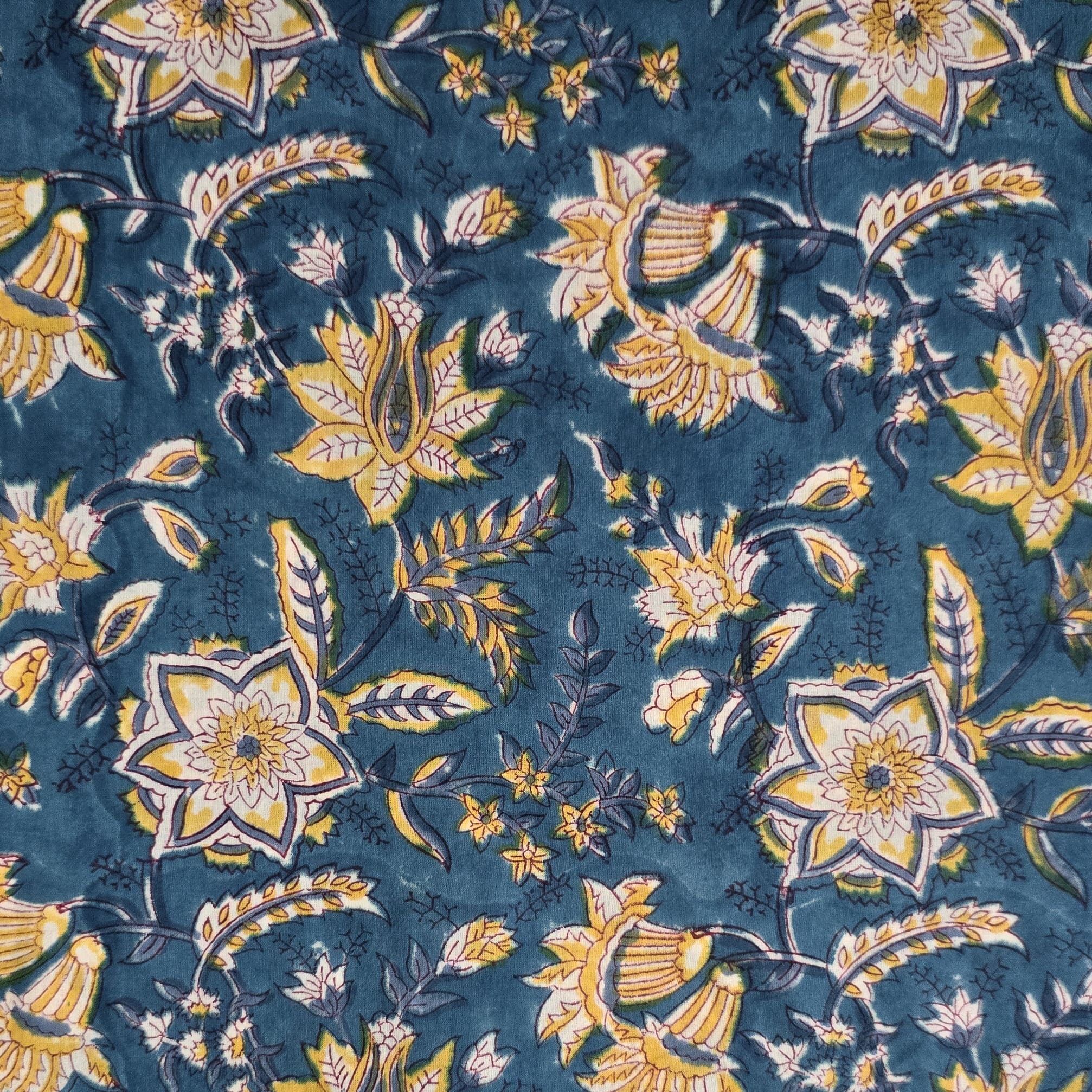 Pure Cotton Jaipuri Blue With Light Yellow Flower Jaal Hand Block Prin ...
