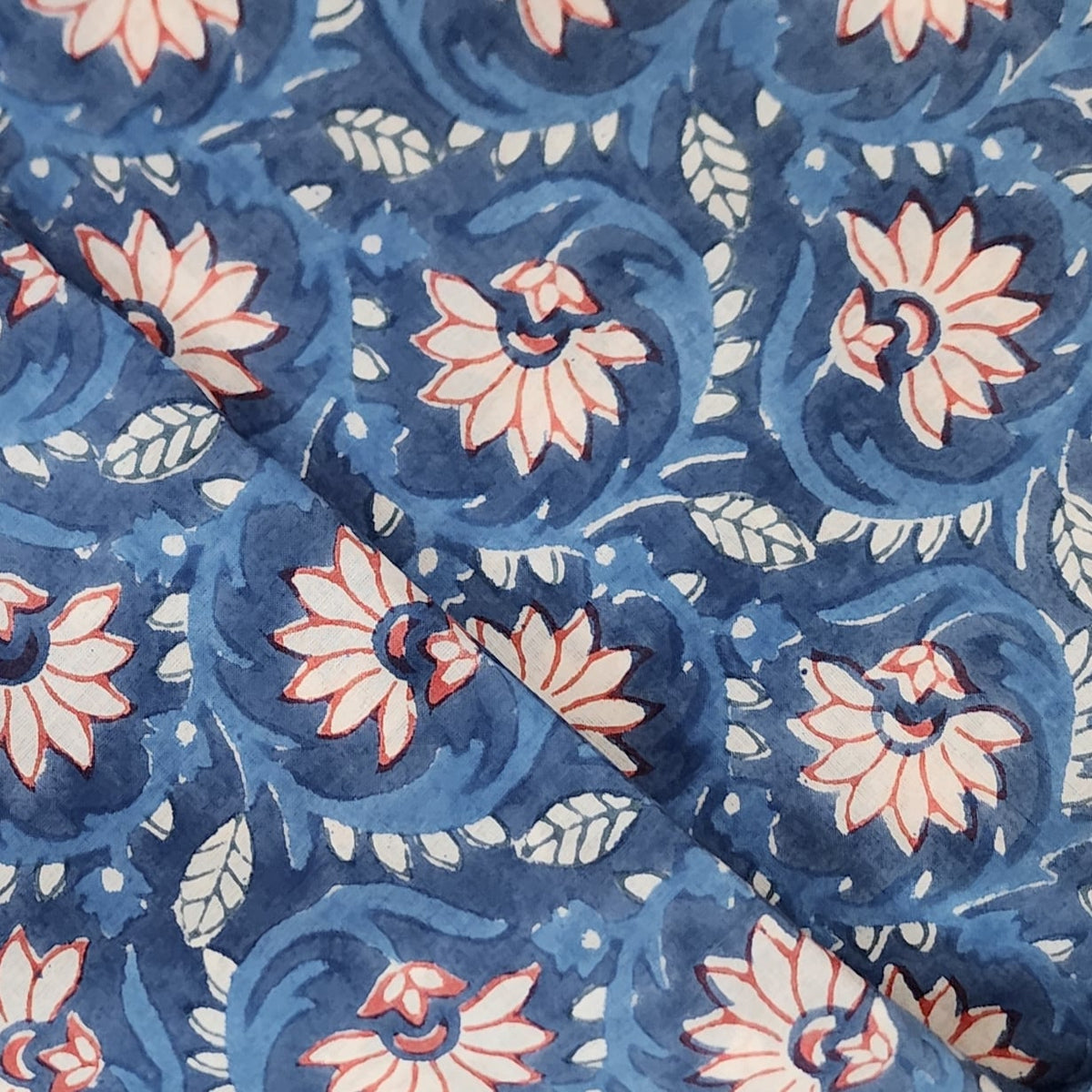 Pre-cut 2.10 meter Pure Cotton Jaipuri Blue With Orange Outlined Lotus ...
