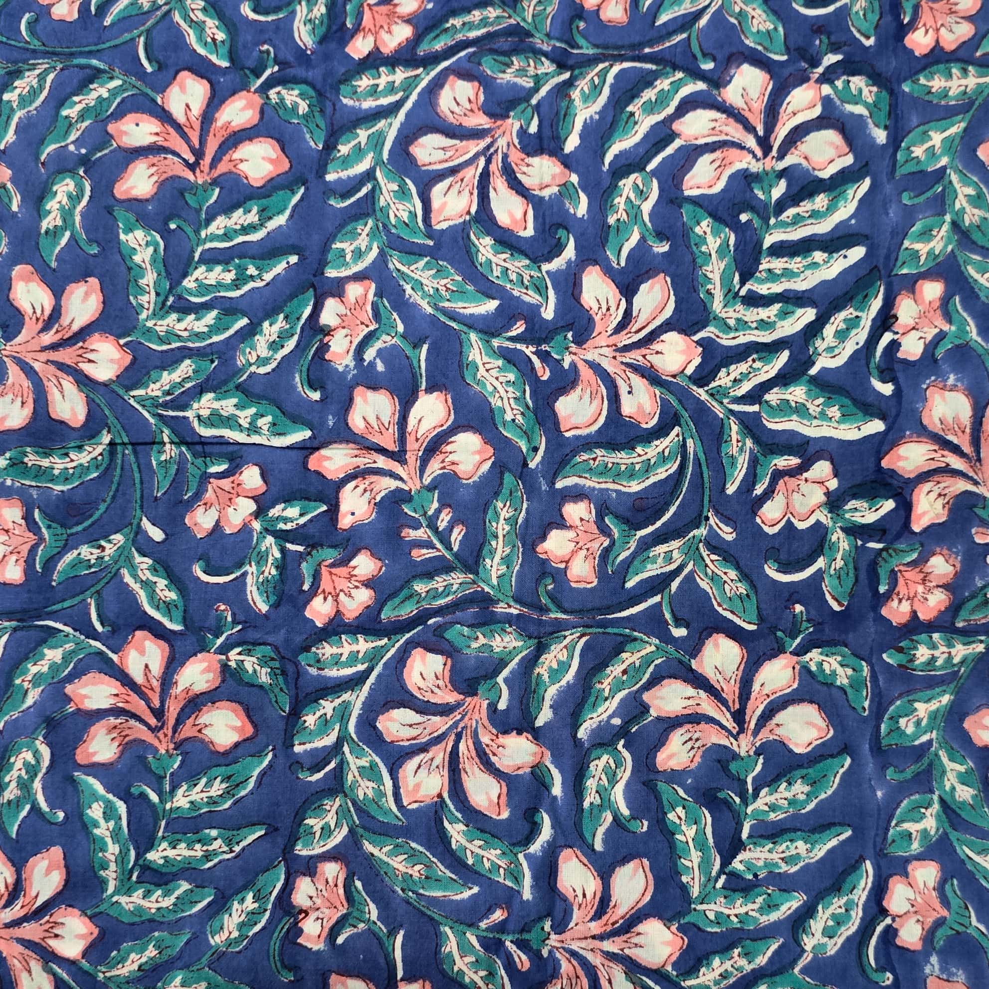 Pure Cotton Jaipuri Blue With Pink And Light Blue Flower Jaal Hand Blo ...