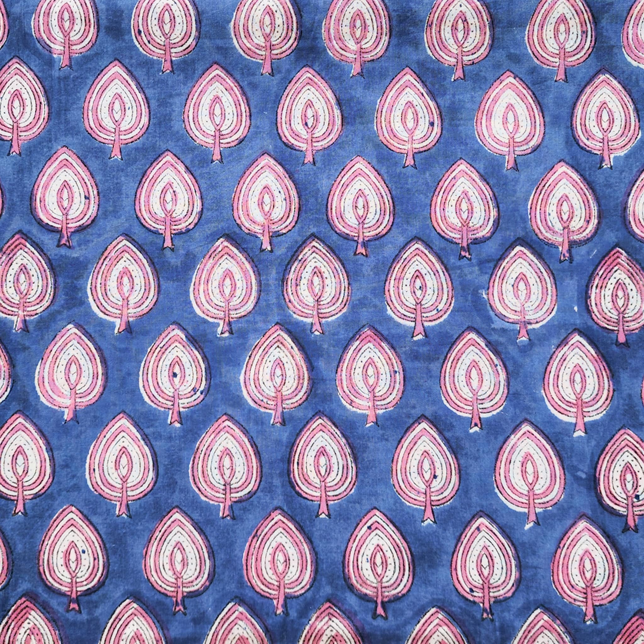 Pure Cotton Jaipuri Blue With Pink And White Leaf Motif Hand Block Pri ...