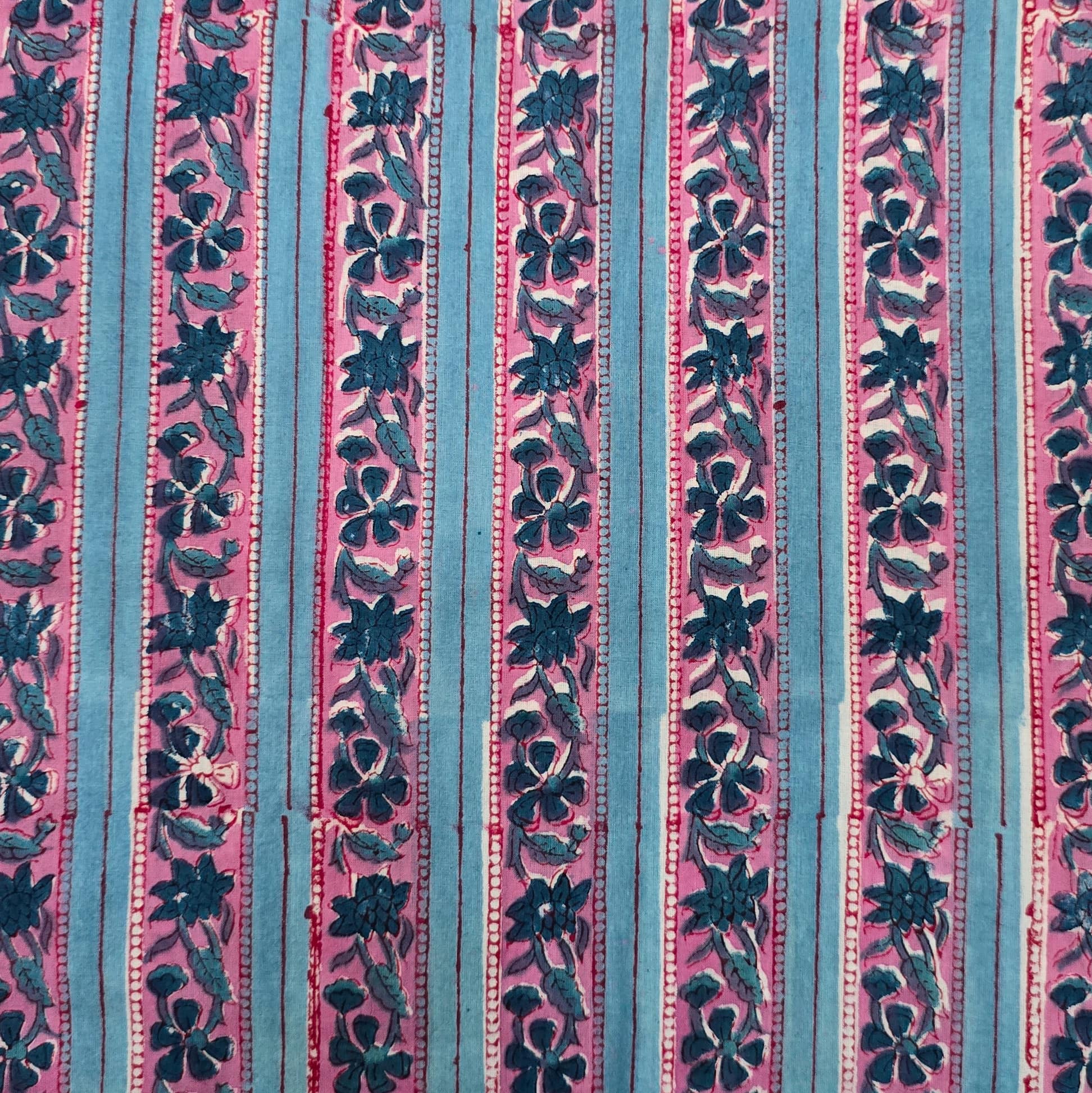 (PRE-CUT 1.90 METER) Pure Cotton Jaipuri Blue With Pink Border With Fl ...