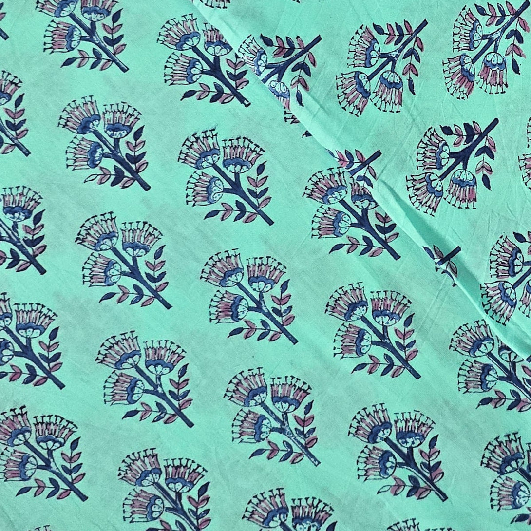 Pure Cotton Jaipuri Blue With Pink Coneflower Motif Hand Block Print F ...