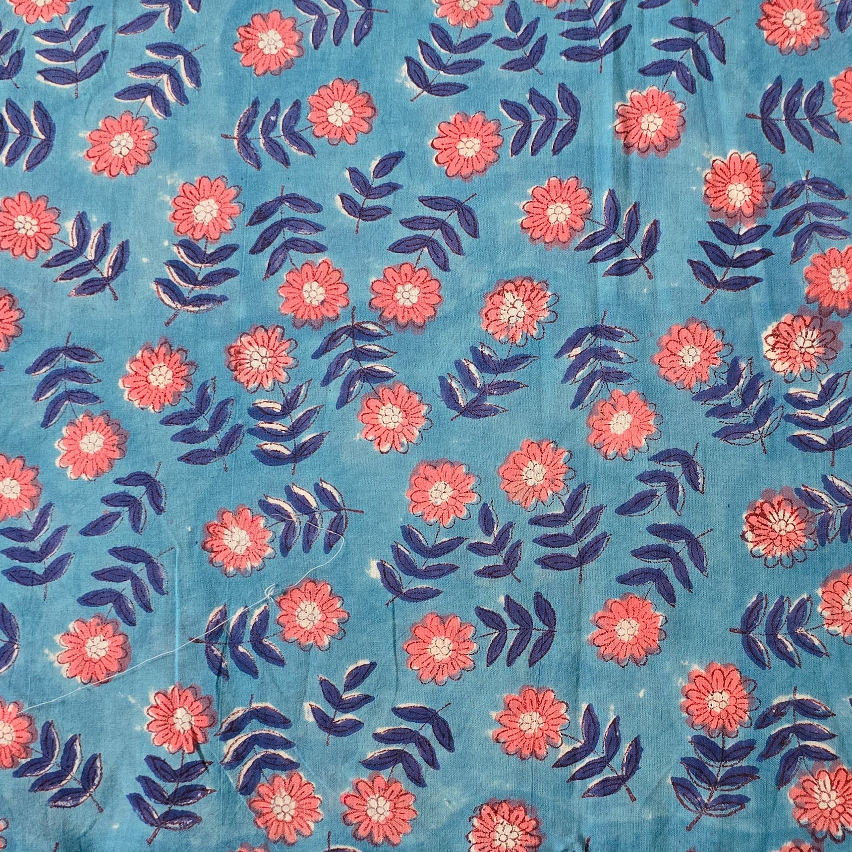 Pure Cotton Jaipuri Blue With Pink Flower Motif Hand Block Print Fabri ...