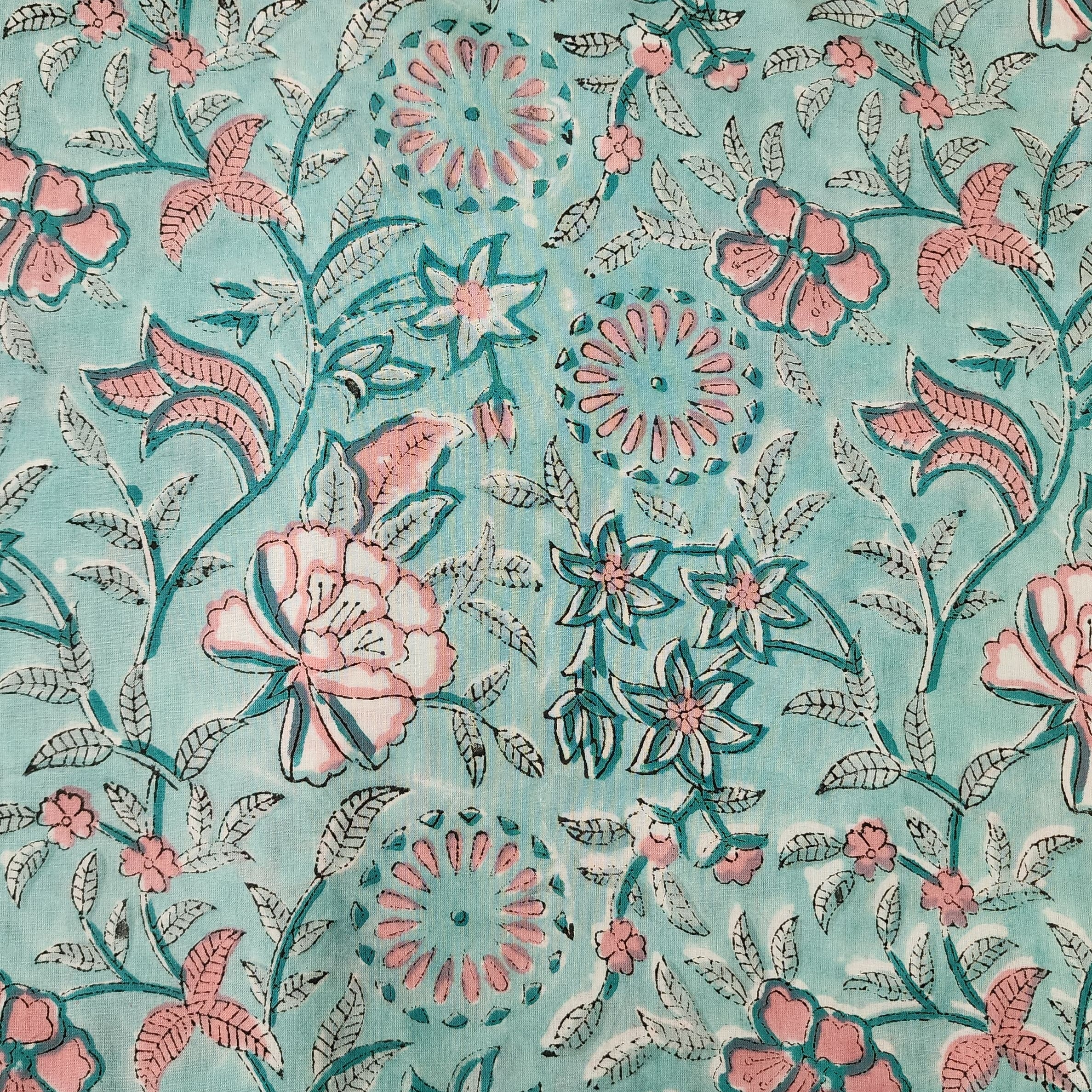 Pure Cotton Jaipuri Blue With Pink Jungle Jaal Hand Block Print Fabric ...