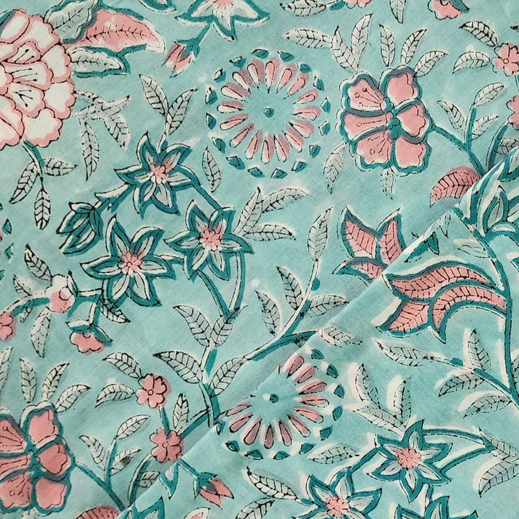 Pure Cotton Jaipuri Blue With Pink Jungle Jaal Hand Block Print Fabric ...