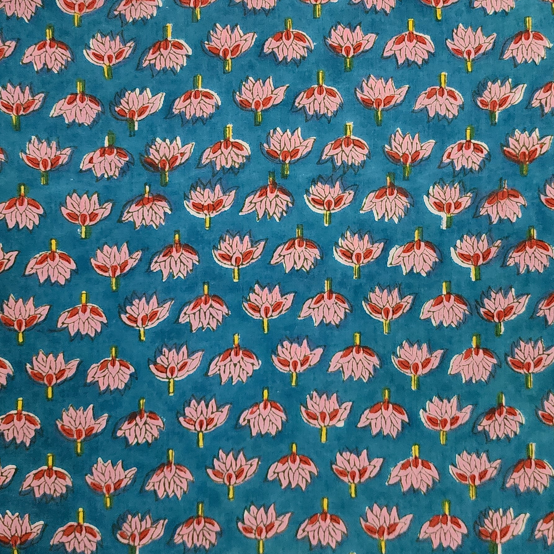 Pure Cotton Jaipuri Blue With Pink Lotus Motif Hand Block Print Fabric ...