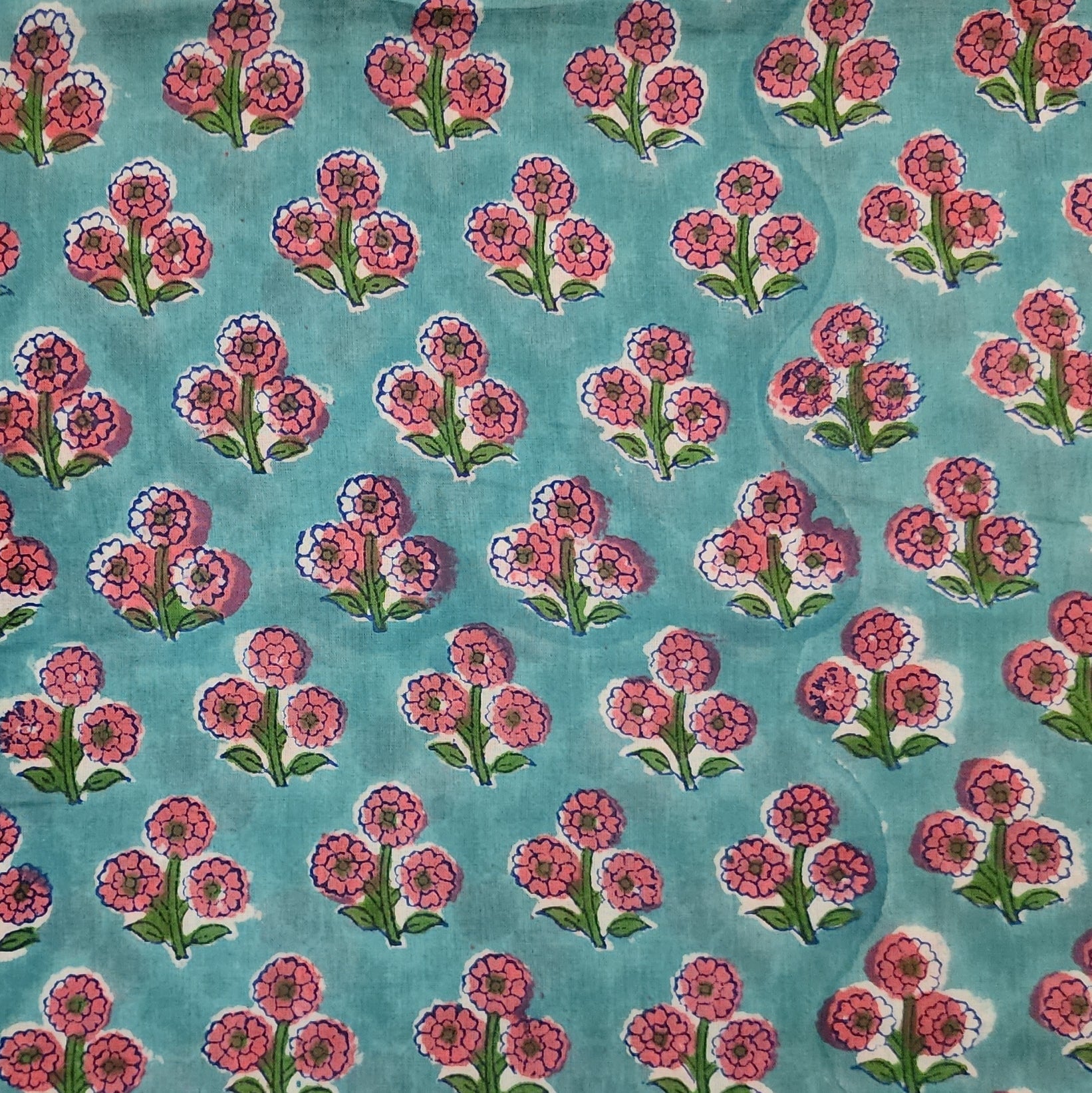 Pure Cotton Jaipuri Blue With Pink Pansy Flower Motif Hand Block Print ...