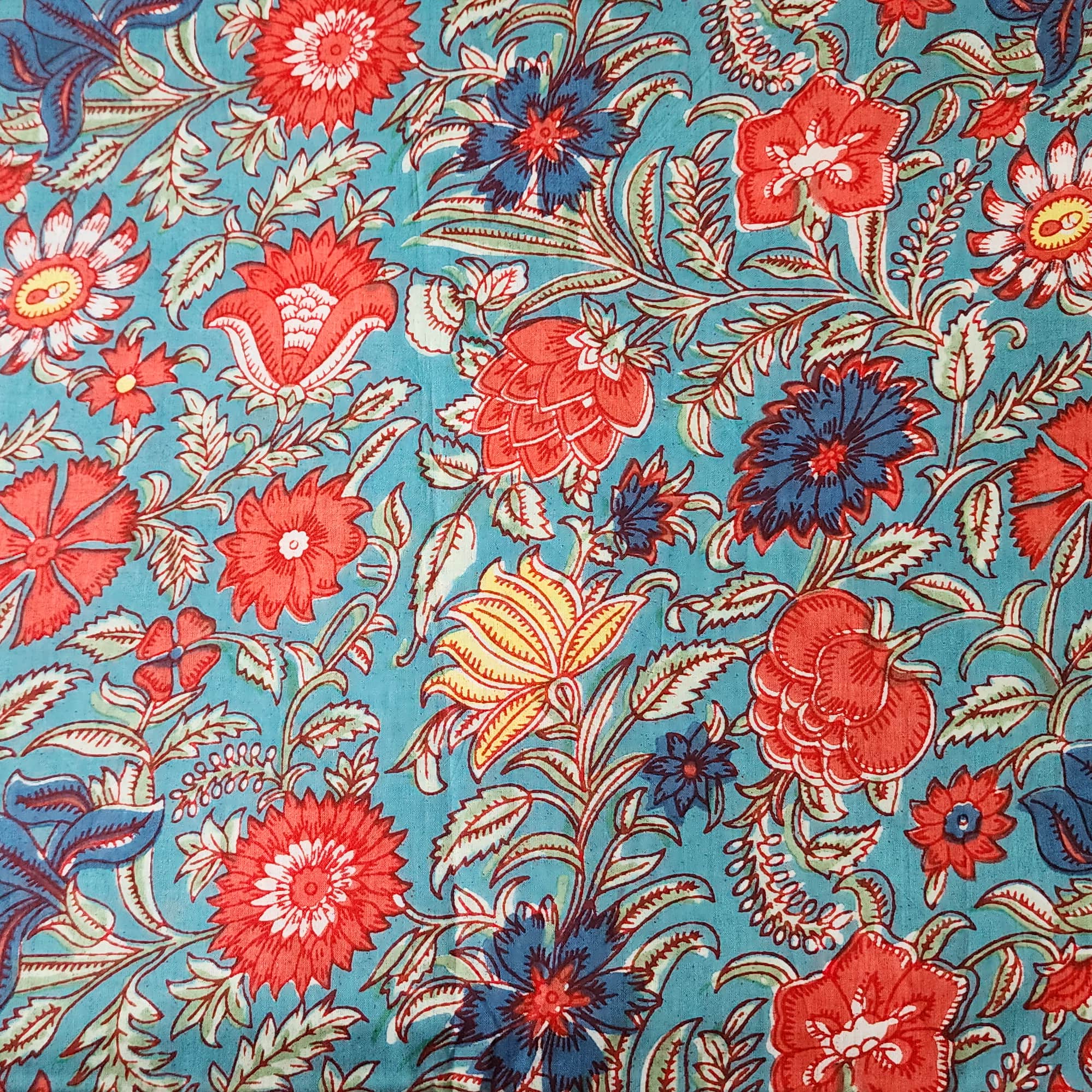 Pure Cotton Jaipuri Blue With Red And Dark Blue Flower Jaal Hand Block ...