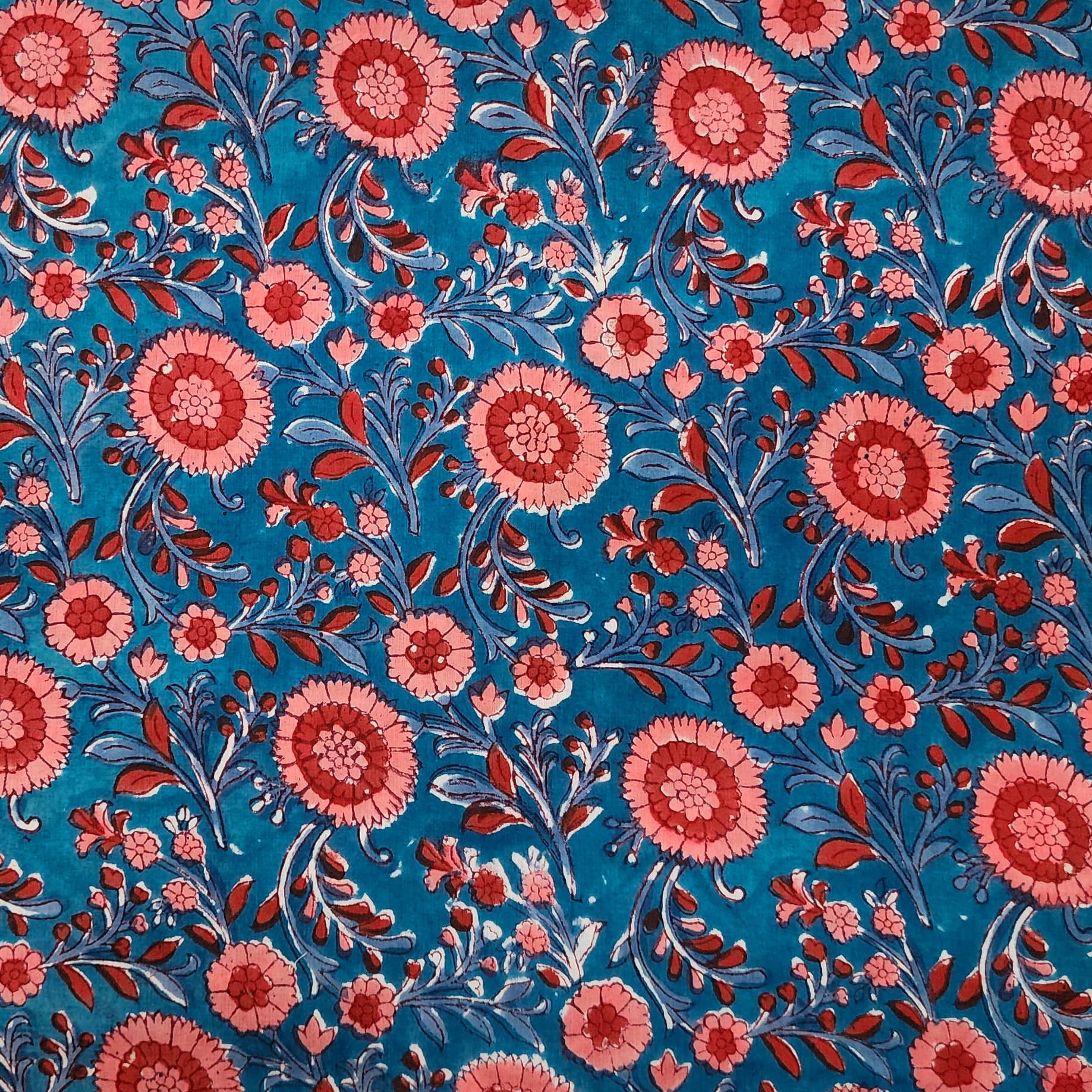 Pure Cotton Jaipuri Blue With Red And Peach Flower Jaal Hand Block Pri ...