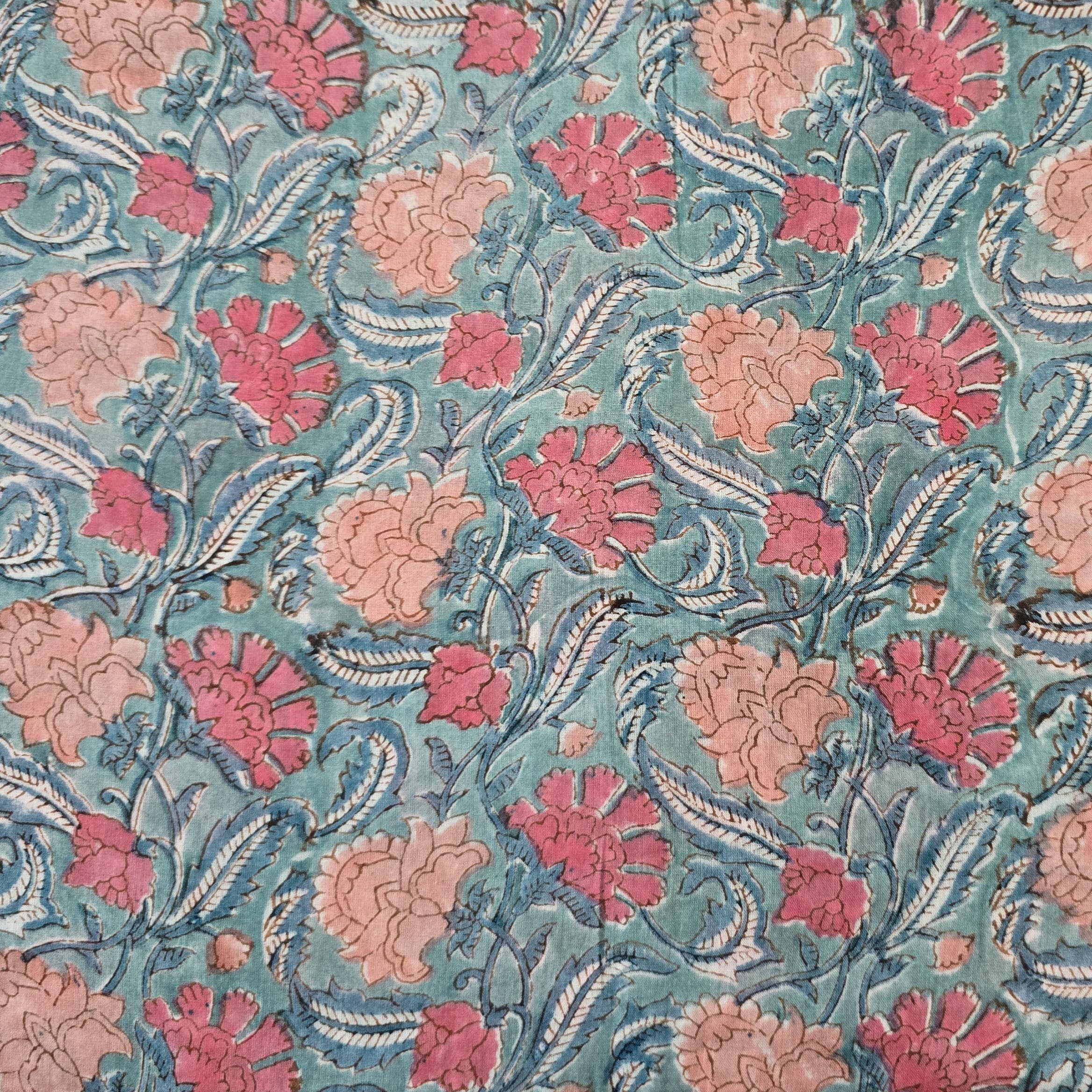(Pre-cut 1.20 meter)Pure Cotton Jaipuri Blue With Shades Of Pink Flora ...
