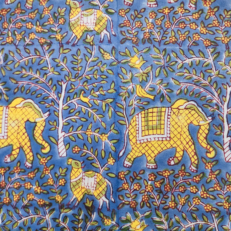 Pure Cotton Jaipuri Blue With Yellow Elephant In Jungle Midnight Hand ...