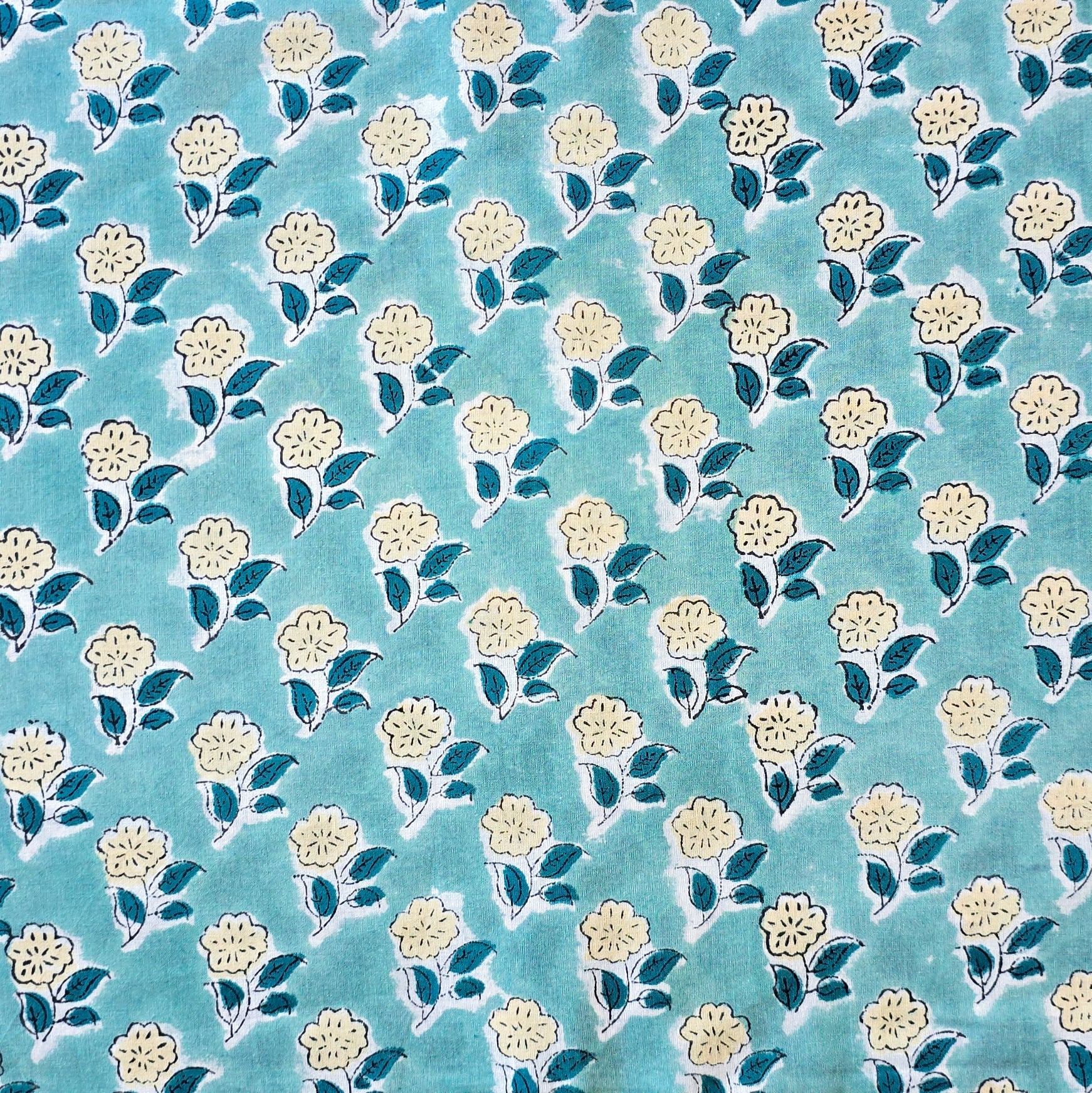 Pure Cotton Jaipuri Blue With Yellow Small Flower Motif Hand Block Pri ...