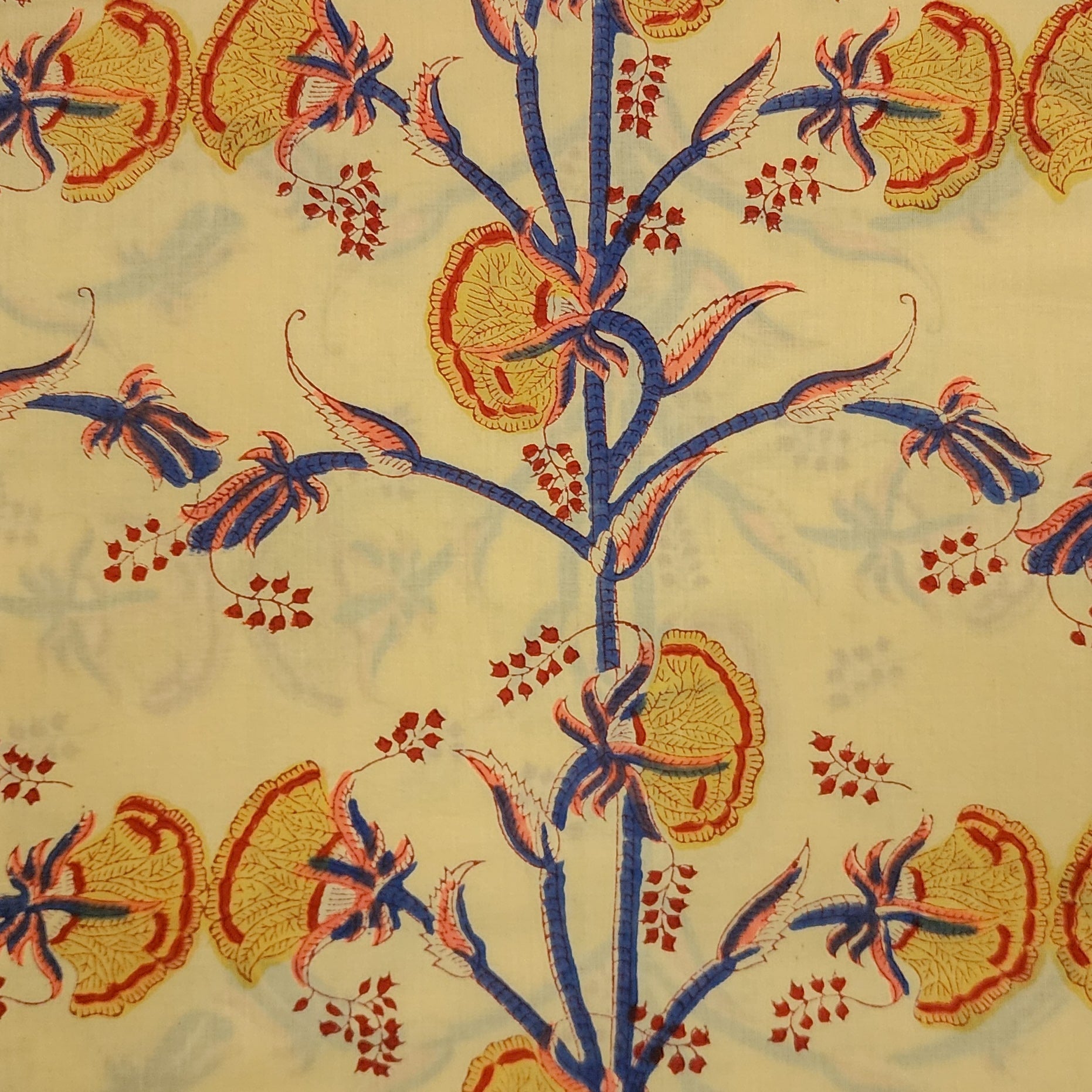 Pure Cotton Jaipuri Cream With Blue And Mustard Flower Creeper Hand Bl ...