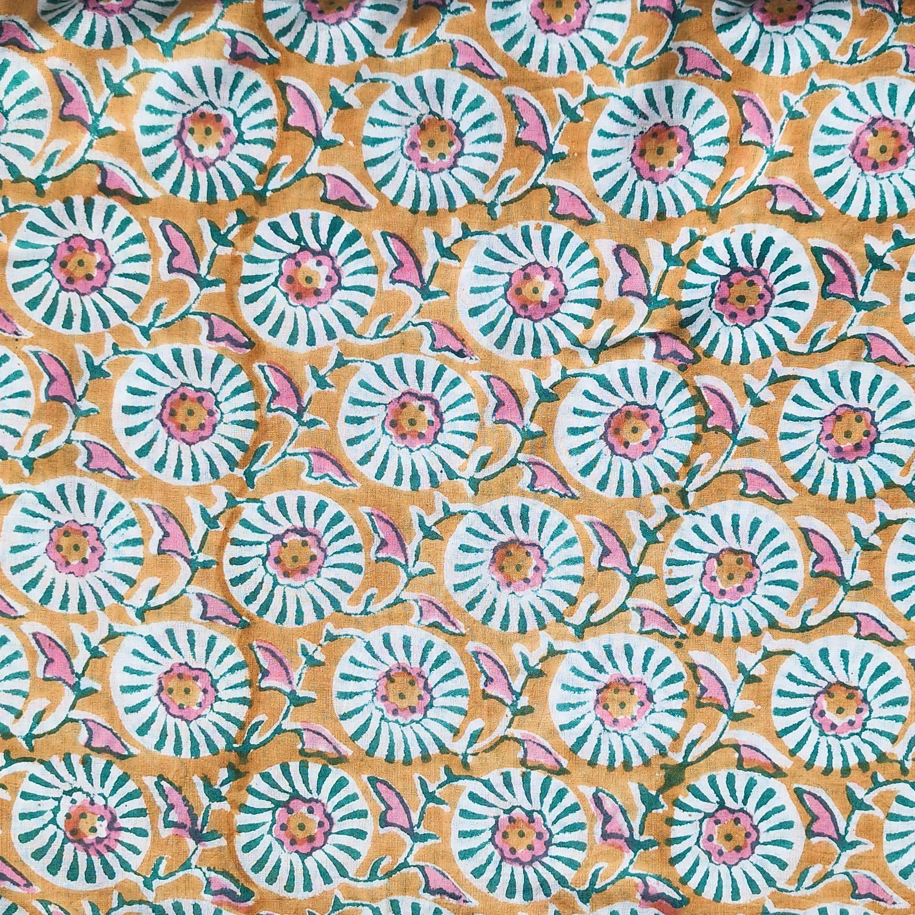 (Pre Cut 1 Meter )Pure Cotton Jaipuri Dusty Yellow With Green And Pink ...