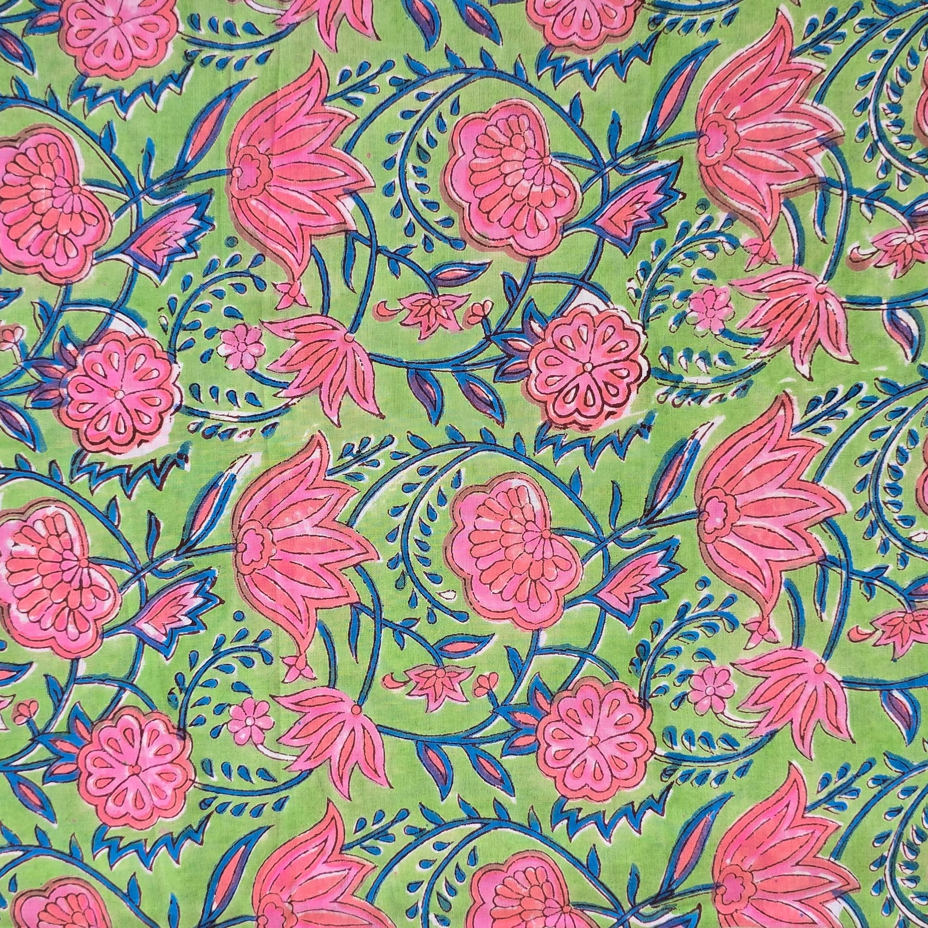 Pure Cotton Jaipuri Green And Pink Jungle Flower Jaal Hand Block Print ...