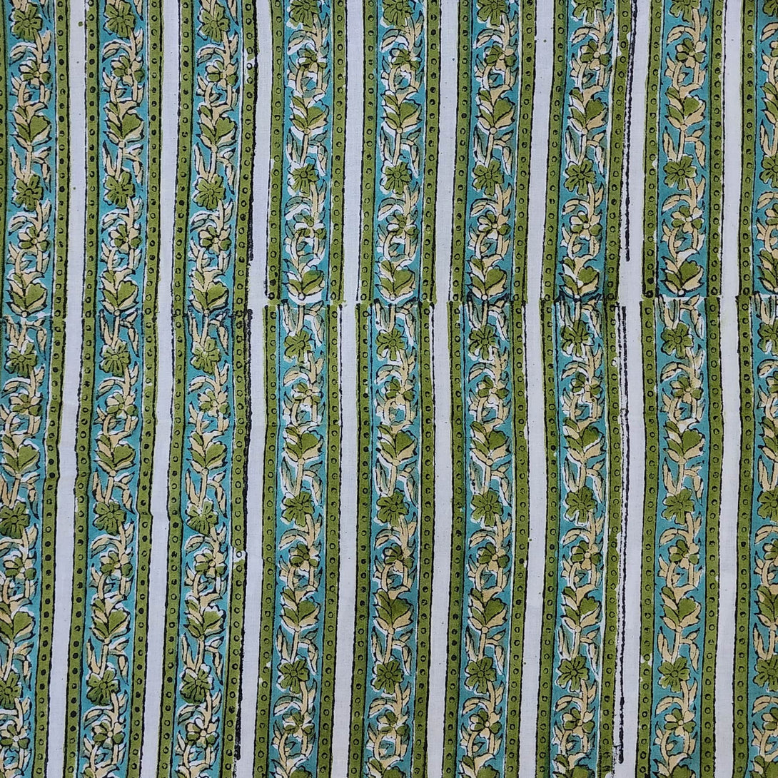 Pure Cotton Jaipuri Green With Blue Border Hand Block Print Fabric – Sanskruti