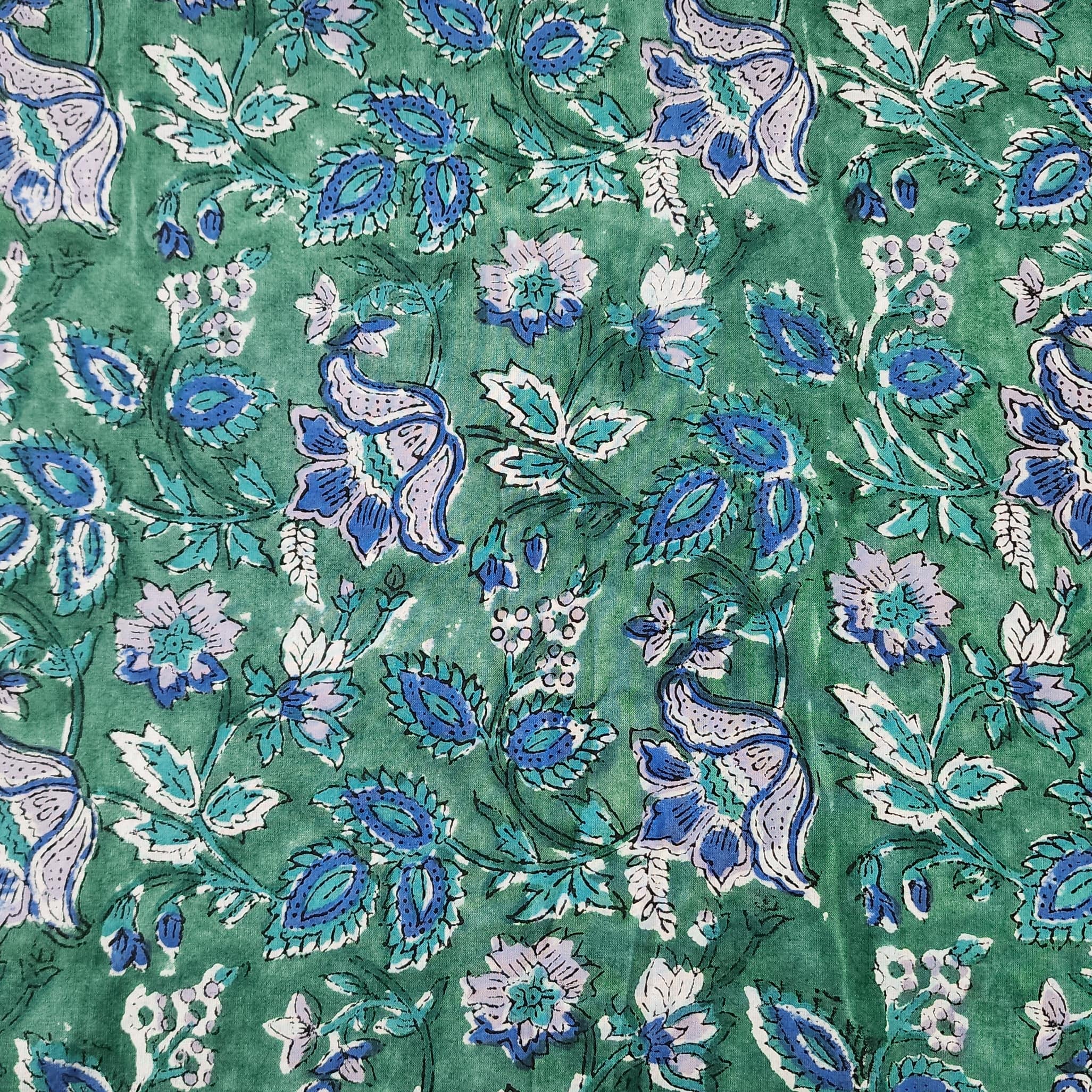 Pure Cotton Jaipuri Green With Blue Flower Jaal Hand Block Print Fabri ...