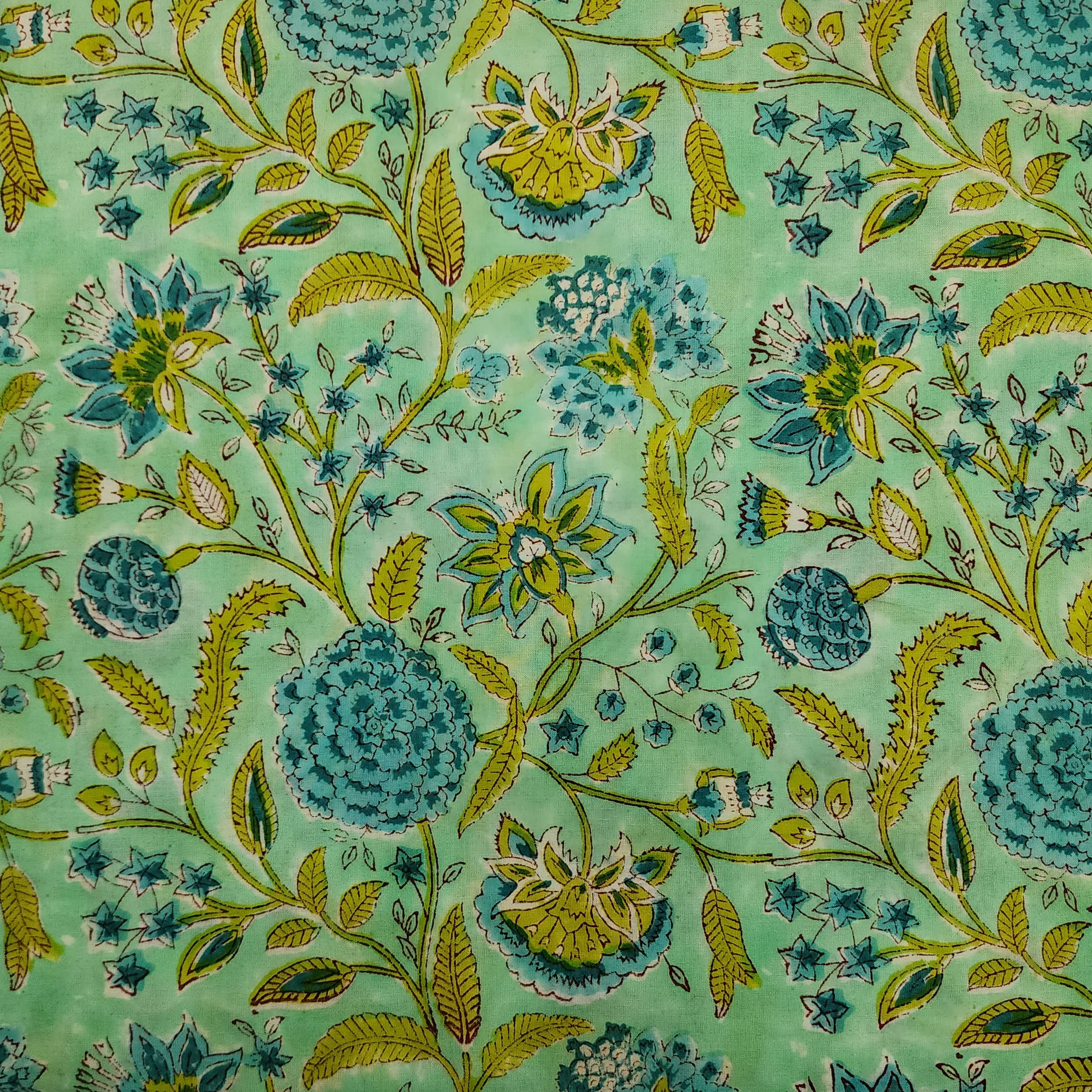 Pure Cotton Jaipuri Green With Blue Jungle Flower Jaal Hand Block Prin ...