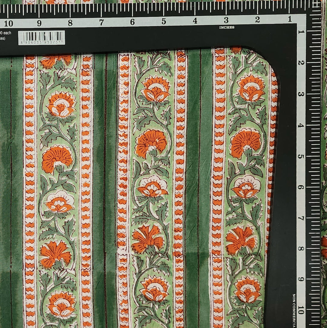 Pure Cotton Jaipuri Green With Genda Phool Border Hand Block Print Fab – Sanskruti