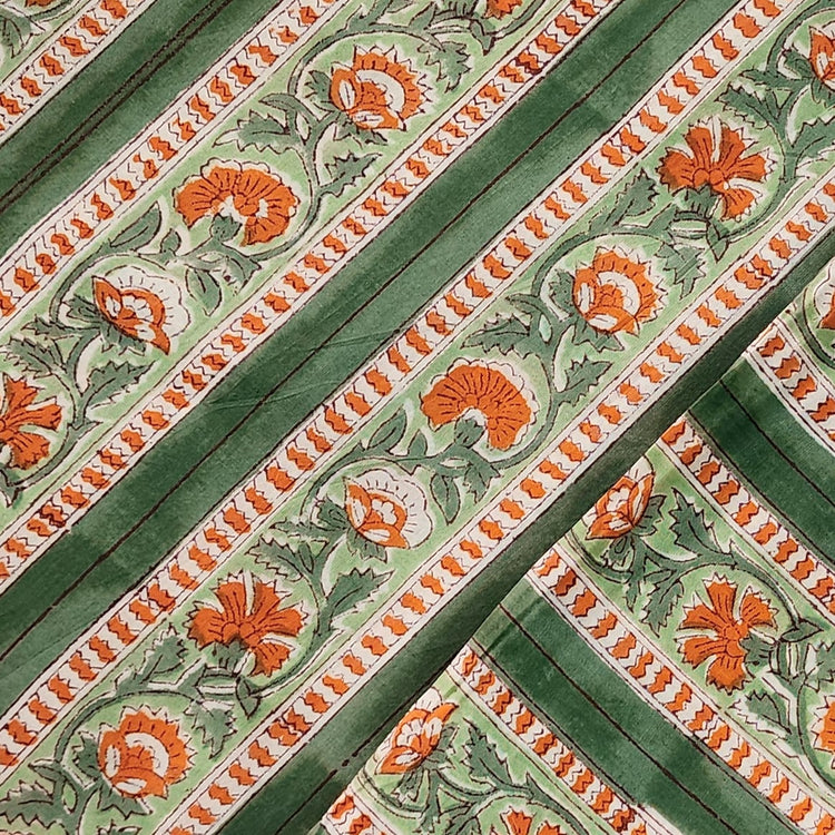 Pure Cotton Jaipuri Green With Genda Phool Border Hand Block Print Fab – Sanskruti