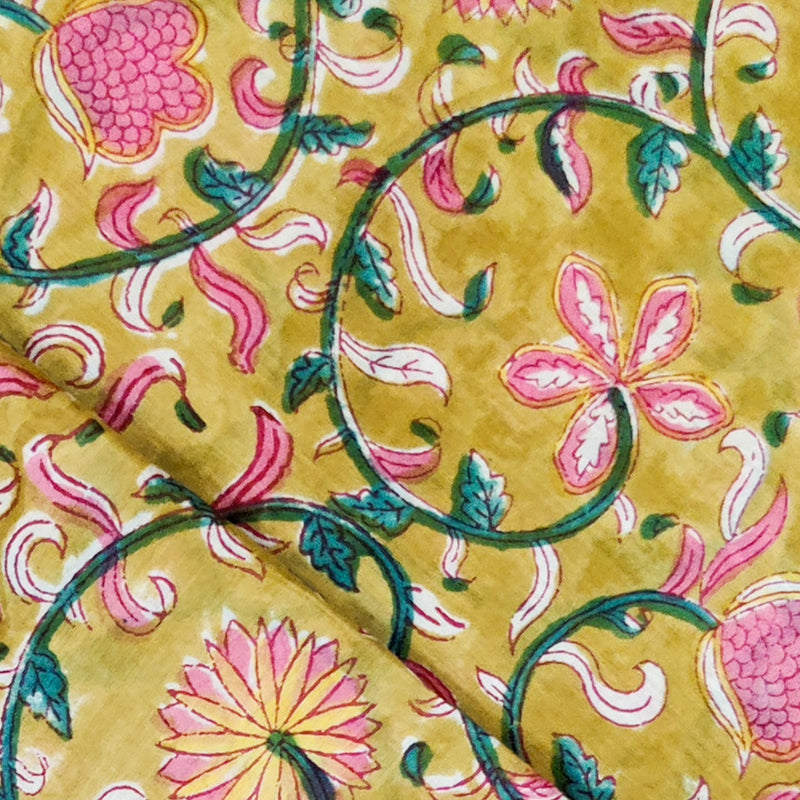 Pure Cotton Jaipuri Green With Pink And Dark Green Flower Jaal Hand Bl - Sanskruti