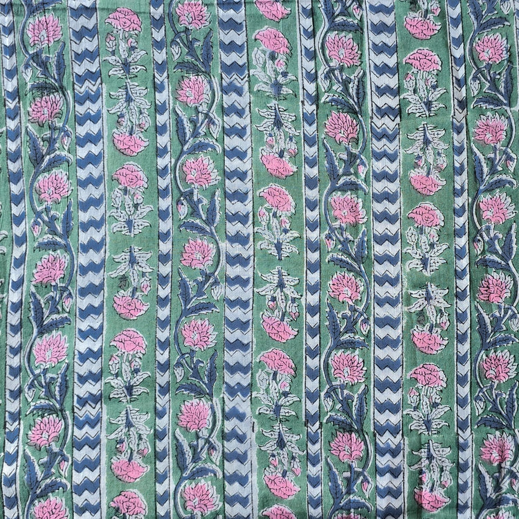 Pure Cotton Jaipuri Green With Pink Border Intricate Design Flower Cre – Sanskruti