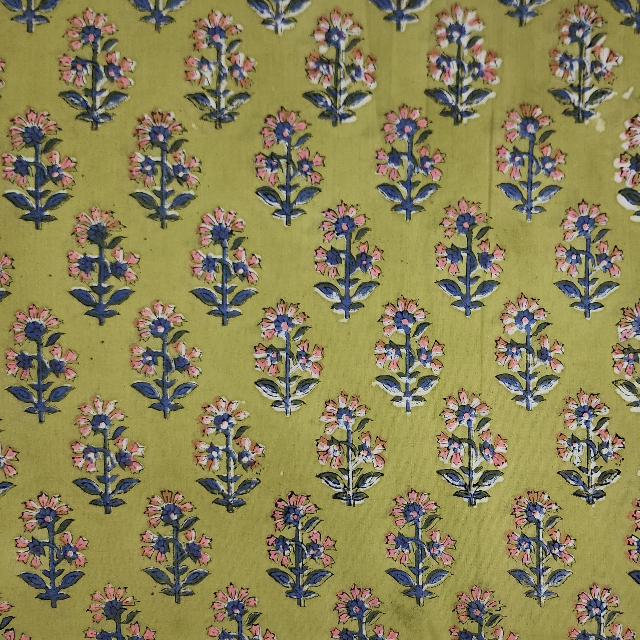 Pure Cotton Jaipuri Green With Pink Flower Motif Hand Block Print Fabr ...