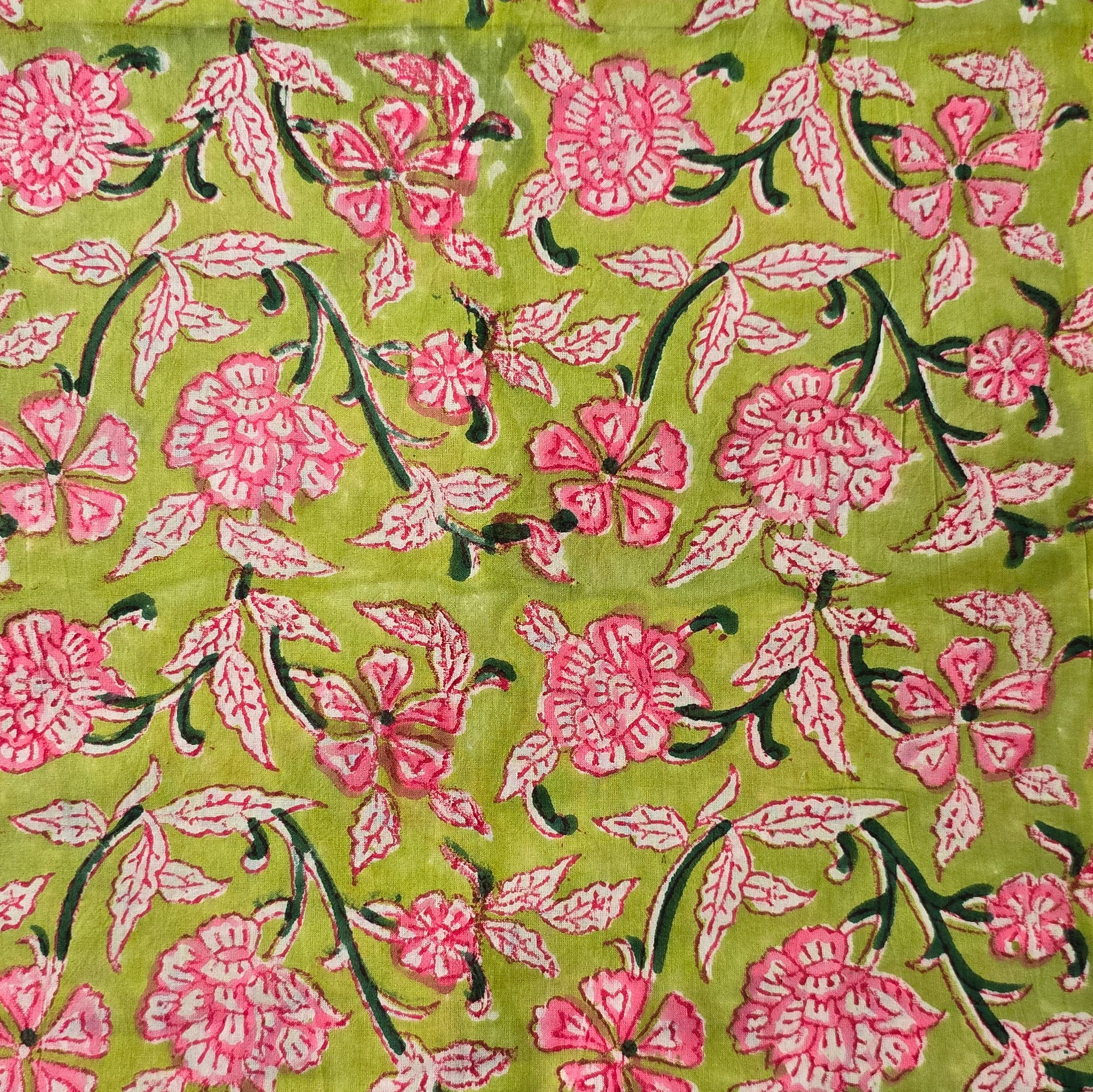 Pure Cotton Jaipuri Green With Pink Rose Flower Jaal Hand Block Print ...