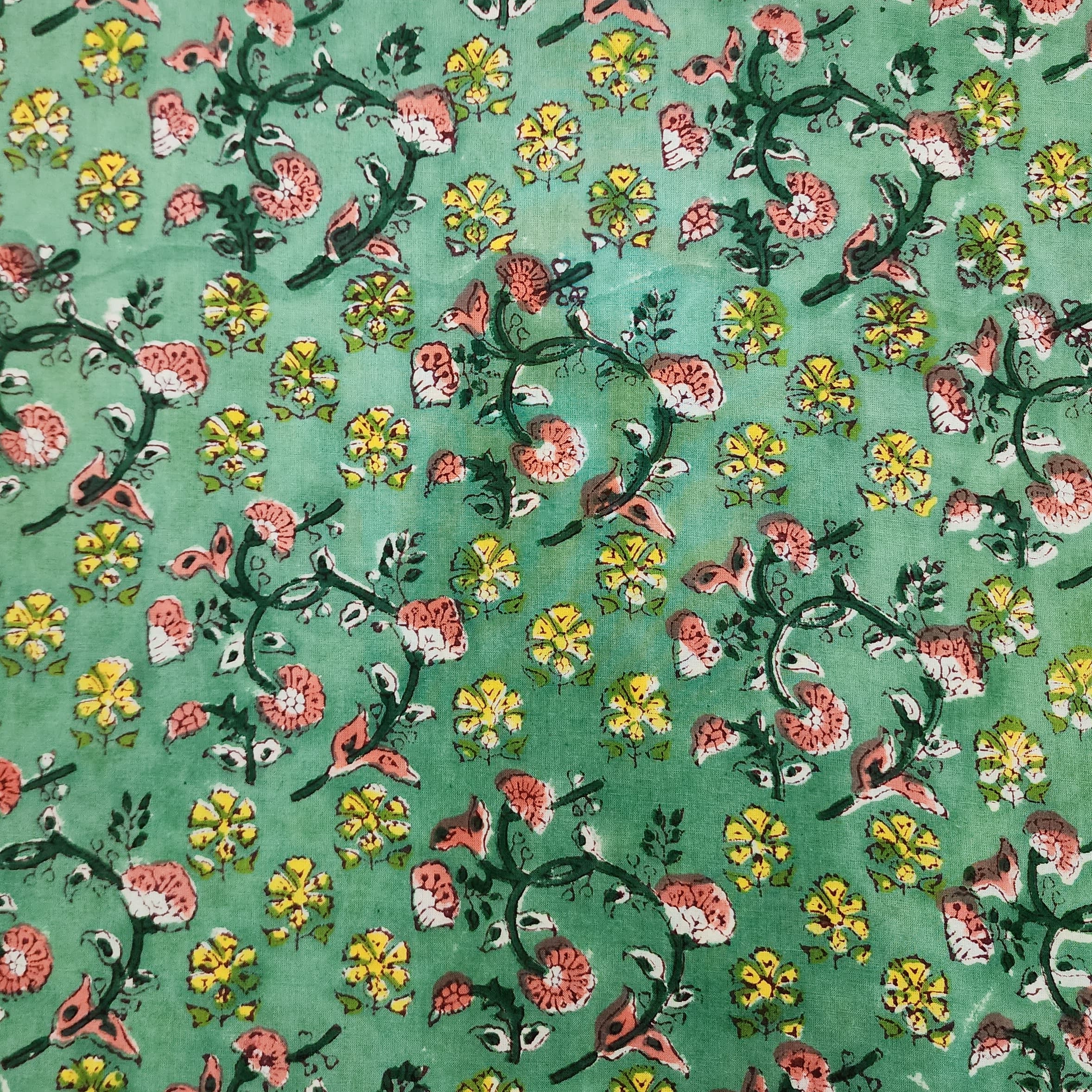 Pure Cotton Jaipuri Green With Tiny Flower Jaal Hand Block Print Fabri ...