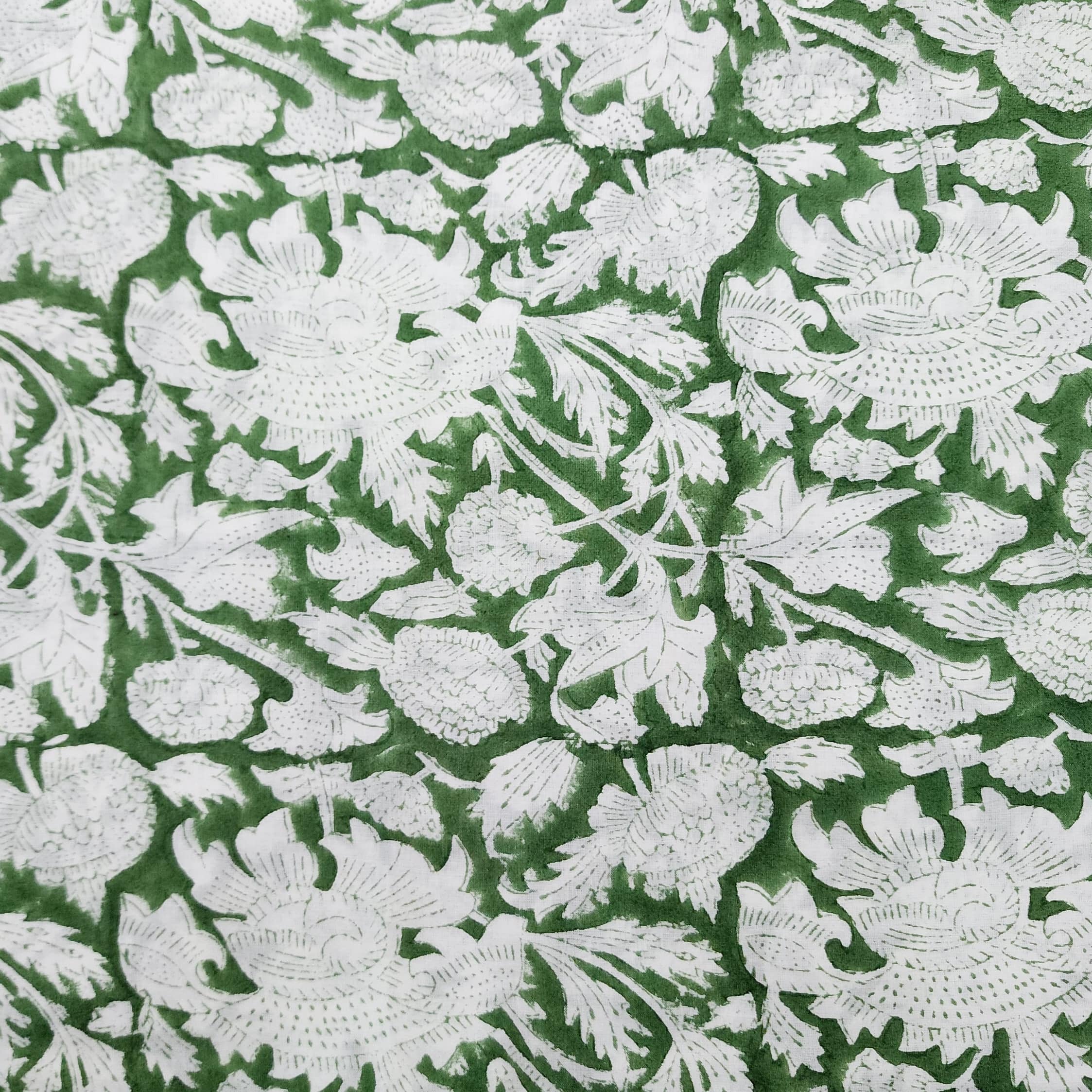 Pure Cotton Jaipuri Green With White Jungle Flower Jaal Hand Block Pri ...