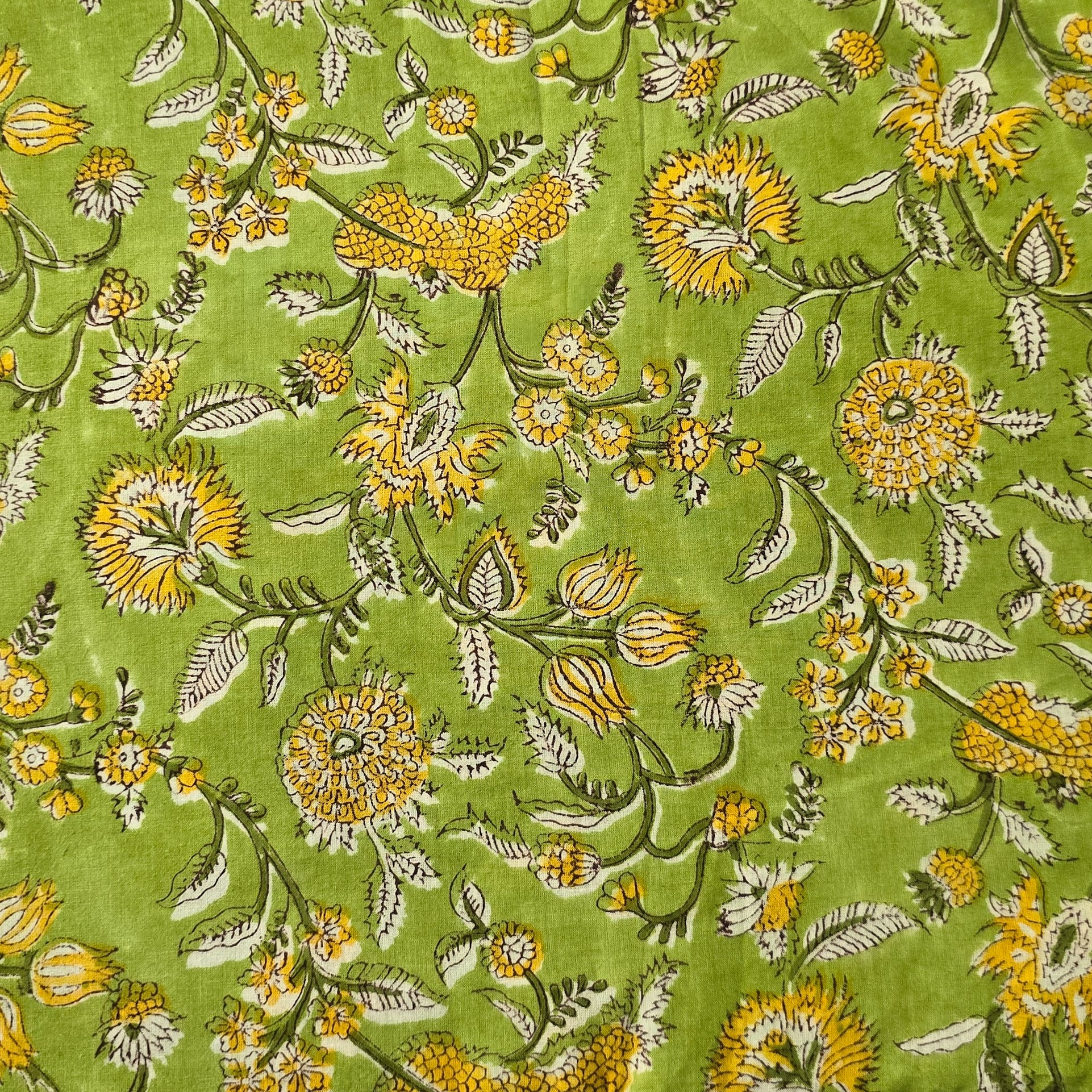 Pure Cotton Jaipuri Green With Yellow Flower Jaal Hand Block Print Fab ...