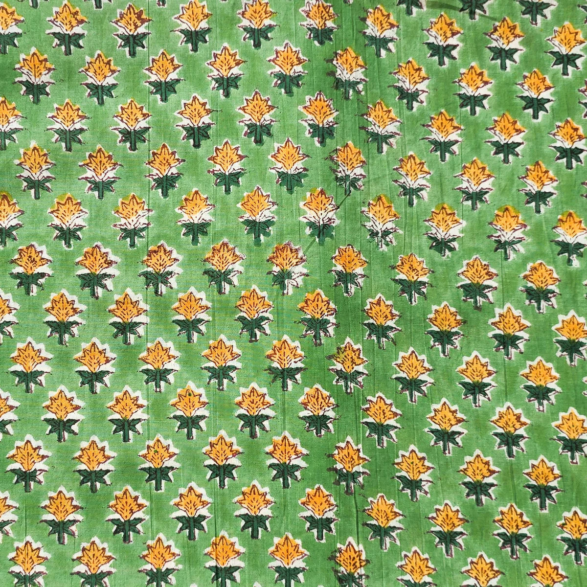 (Pre-Cut 1 Meter) Pure Cotton Jaipuri Green With Yellow Small Flower M ...
