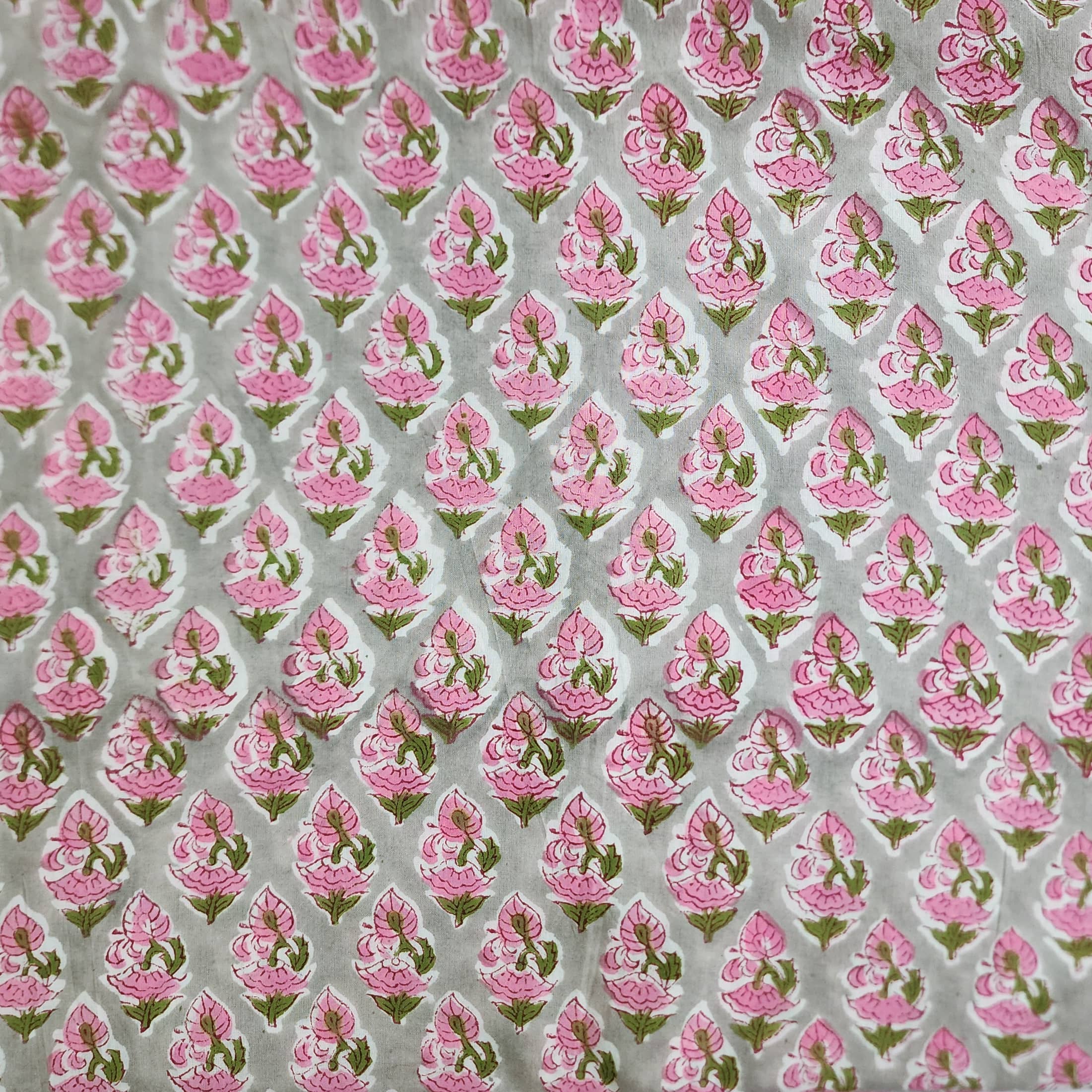 Pure Cotton Jaipuri Grey With Light Pink Flower Motif Hand Block Print ...