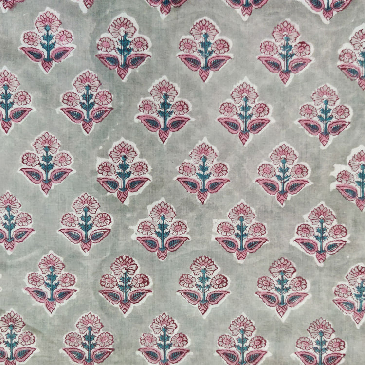 Pure Cotton Jaipuri Grey With Pink Flower Bud Motifs Hand Block Print ...