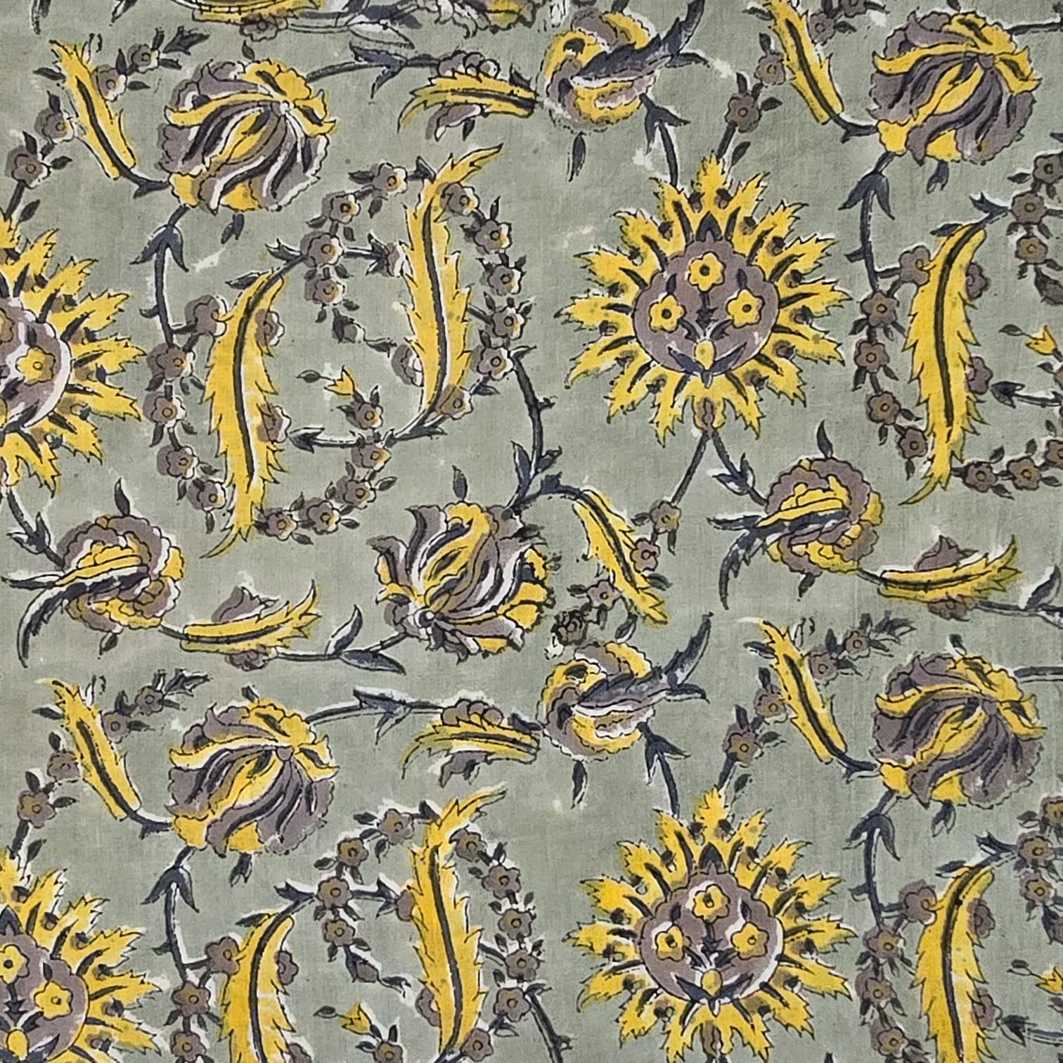Pure Cotton Jaipuri Grey With Yellow Floral Jaal Hand Block Print Fabr ...
