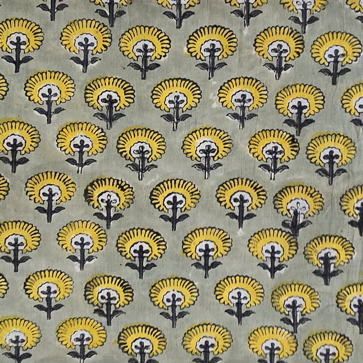 Pure Cotton Jaipuri Grey With Yellow Flower Bud Hand Block Print Fabri ...