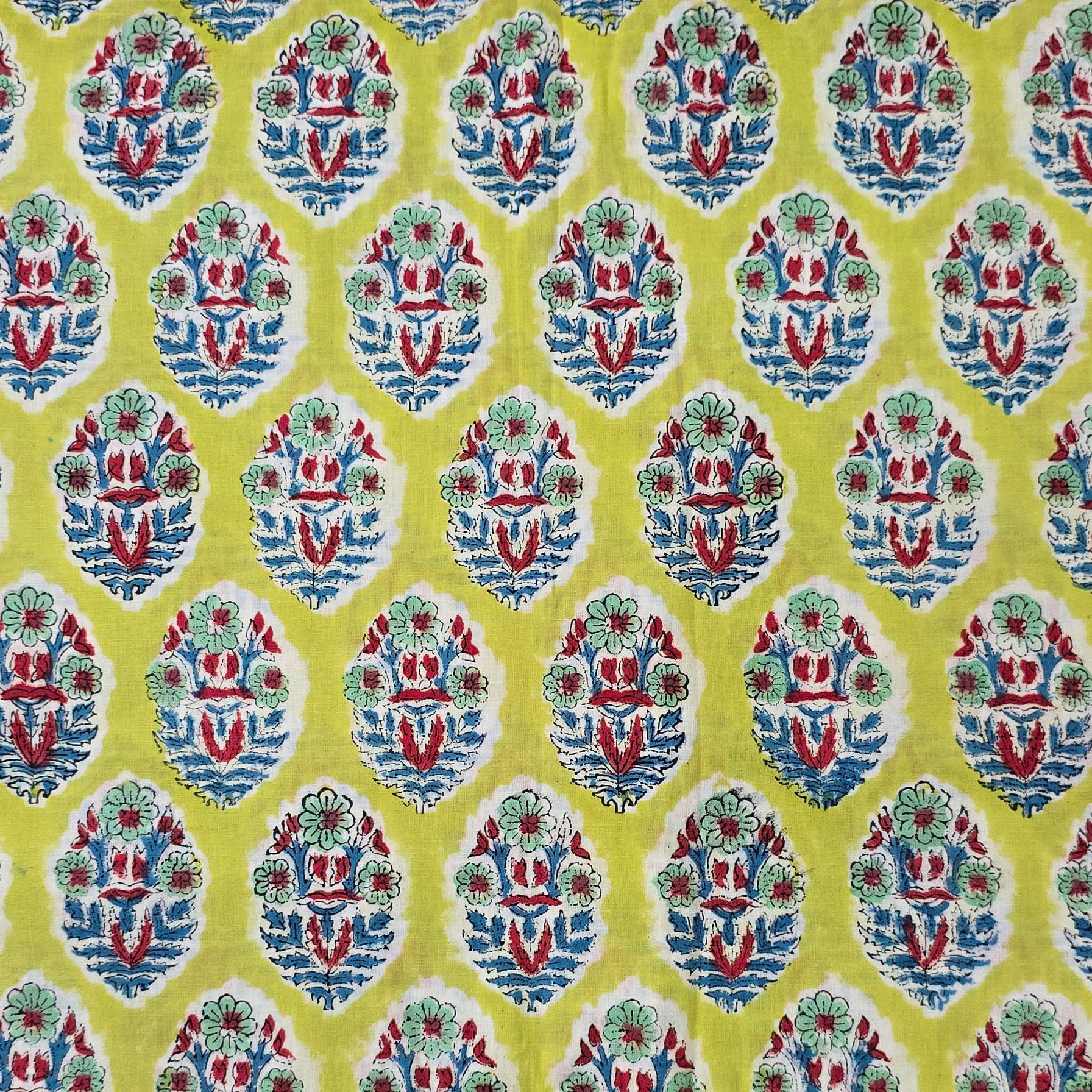 Pure Cotton Jaipuri Lemon Yellow With Blue And Red Flower Motif Hand B ...