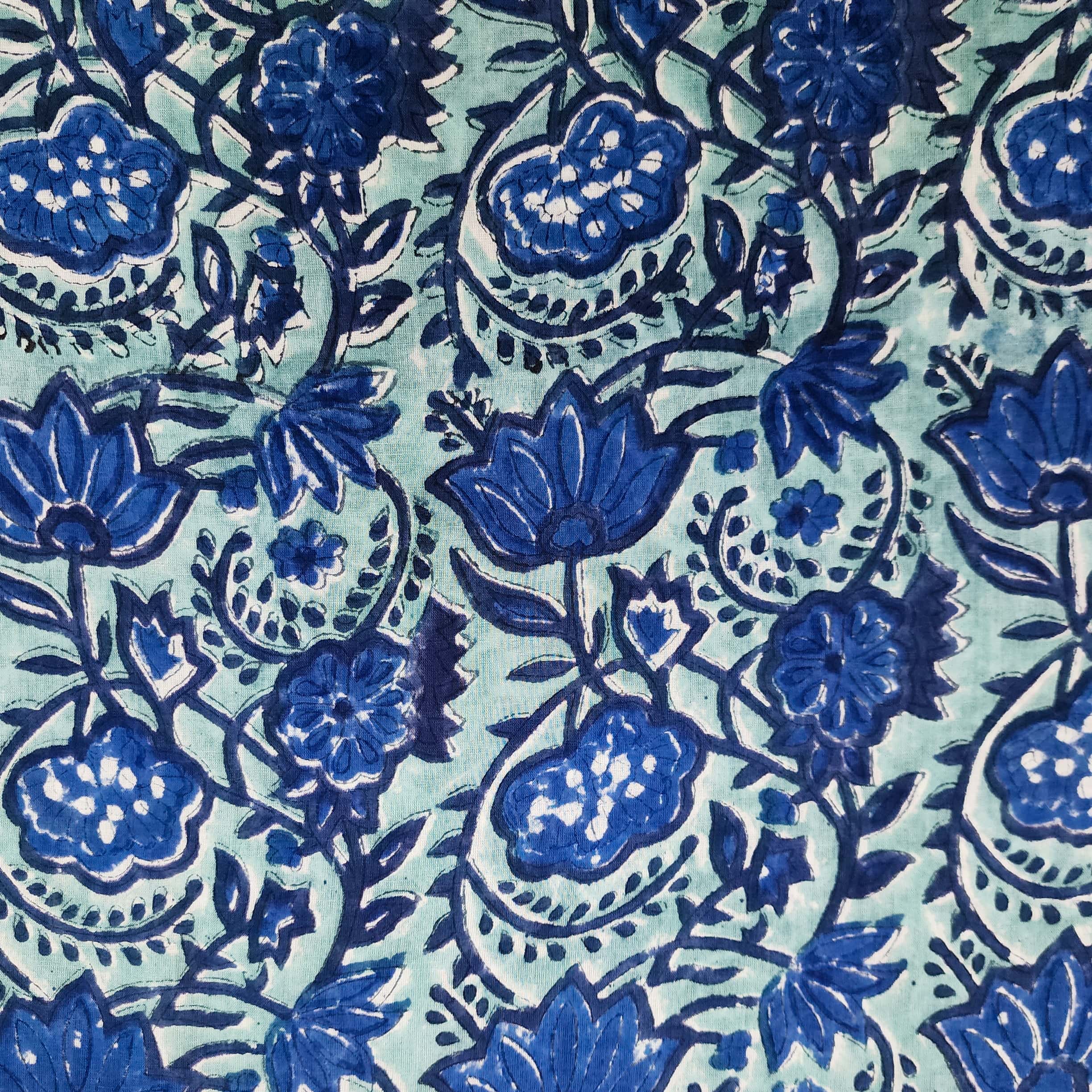Pure Cotton Jaipuri Light Blue With Dark Blue Jungle Lotus Jaal Hand B ...