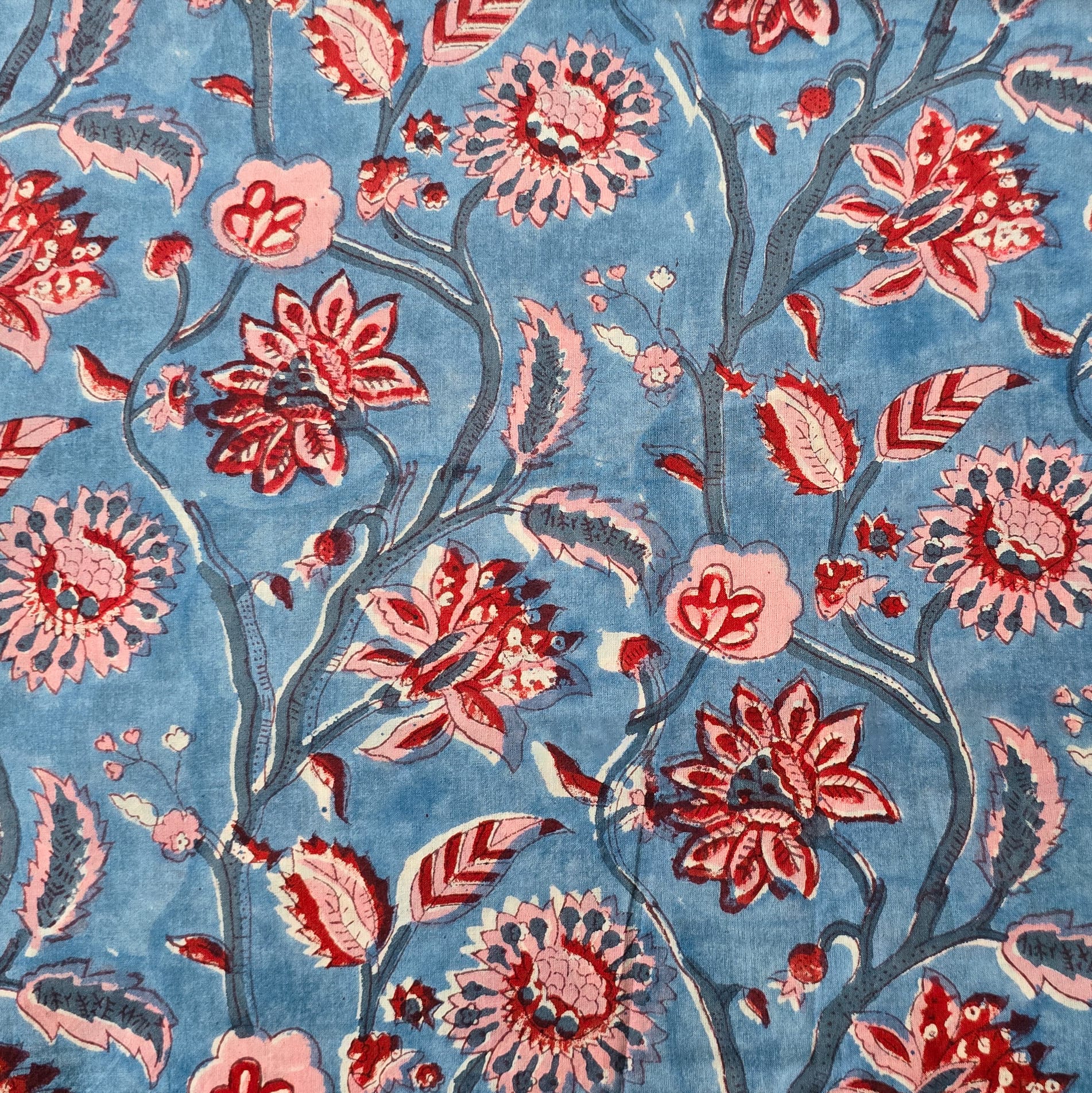Pure Cotton Jaipuri Light Blue With Red Flower Jaal Hand Block Print F ...